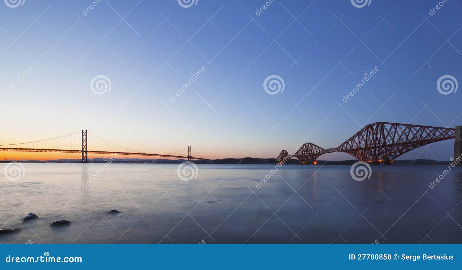 The Forth Road and Rail Bridges at Night Dusk Stock Photo - Image of ...