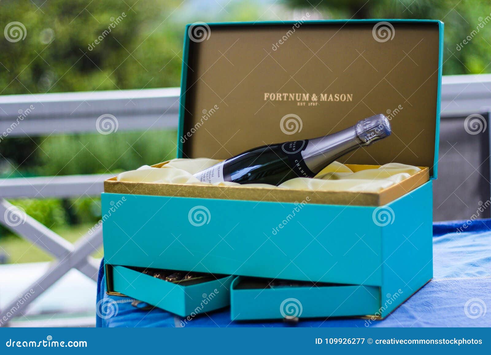 Fortnum And Mason Bottle On Blue Box Picture. Image: 109926277