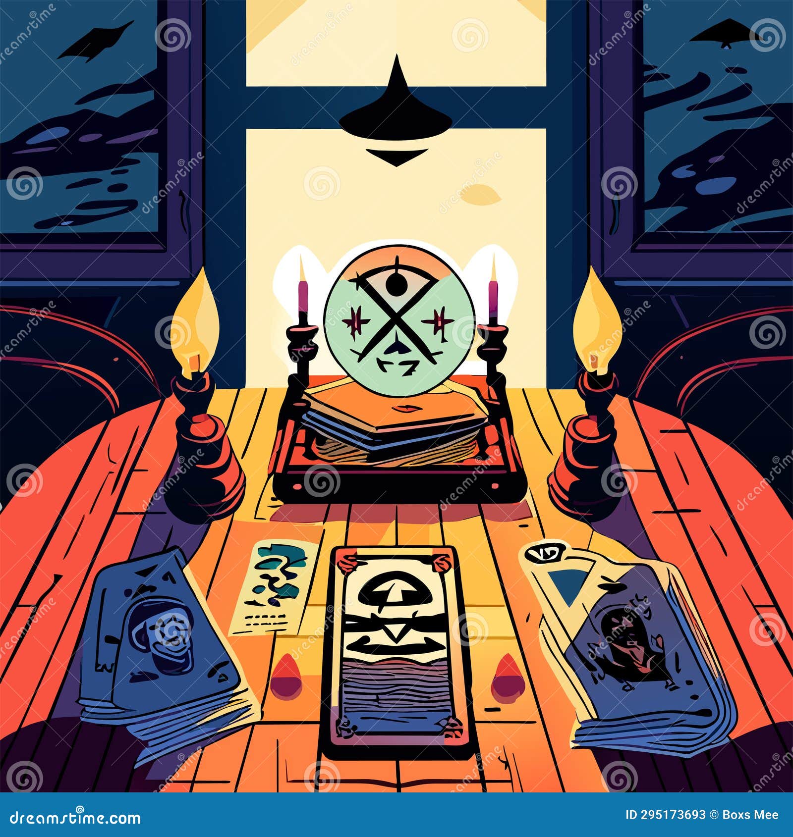 Fortune Teller Table with Tarot Cards and Candlestick. Vector Cartoon ...