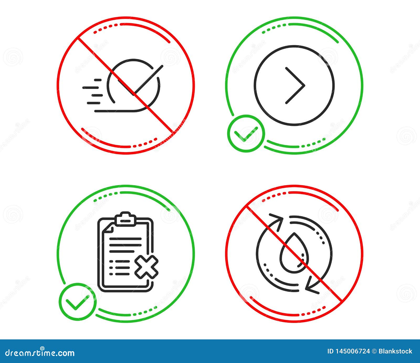 Forward, Checkbox and Reject Checklist Icons Set. Refill Water Sign ...