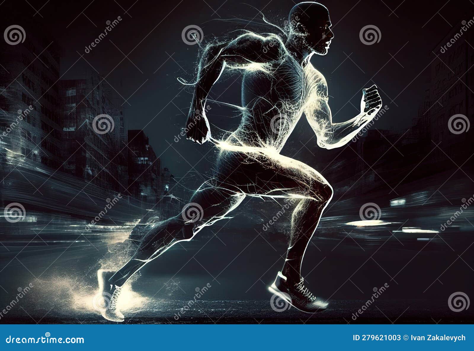Forward Running Man at Night and His Dynamic Movemen Illustration. AI ...