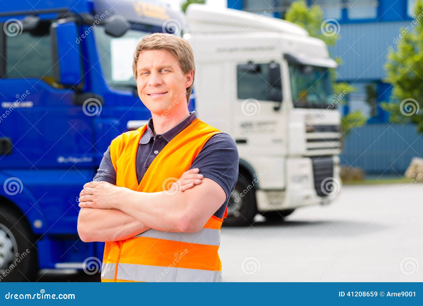 Forwarder in Front of Trucks on a Depot Stock Image - Image of shipment ...