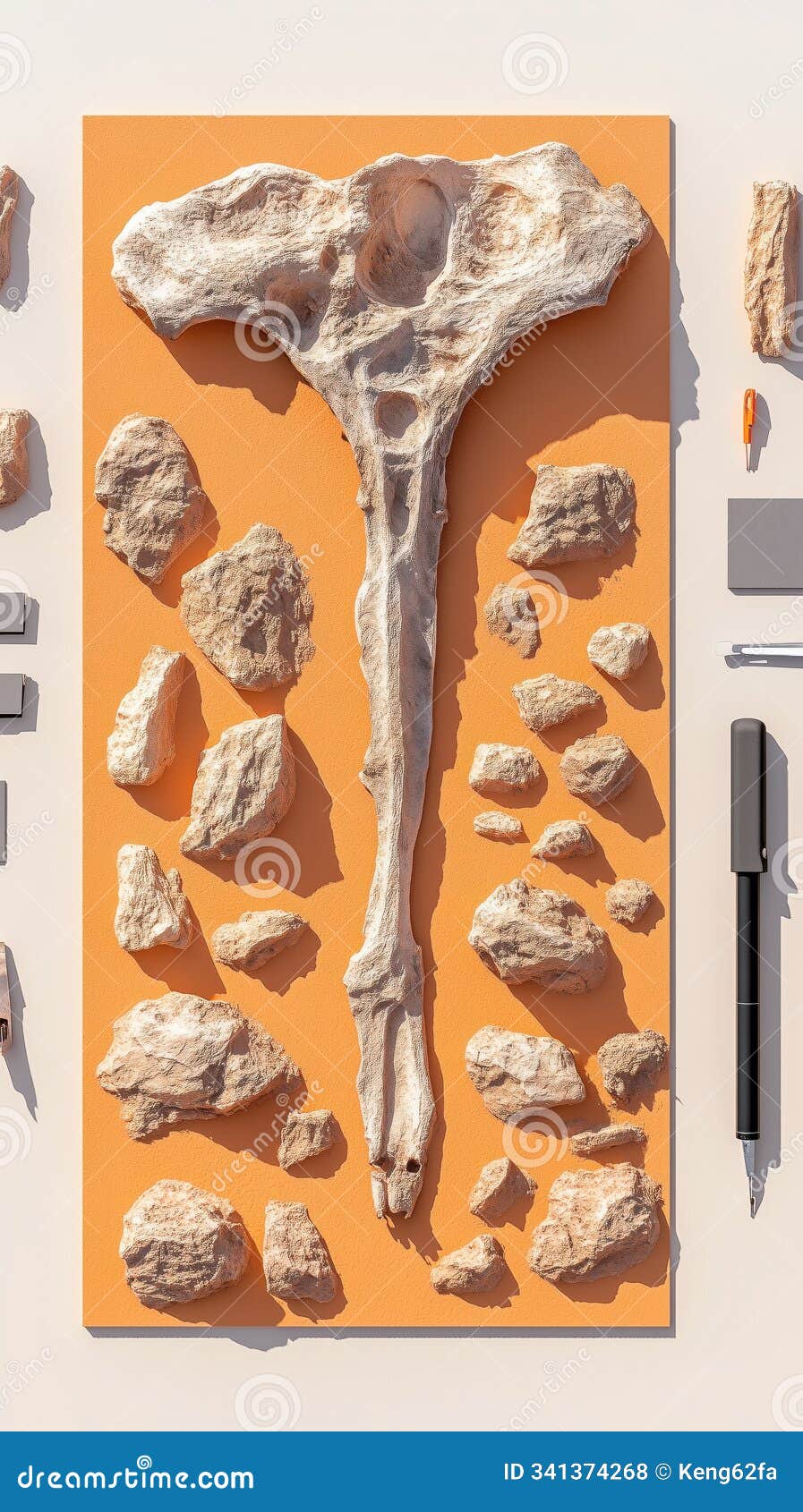 Fossil Bone Displayed on Orange Background with Surrounding Rocks and ...