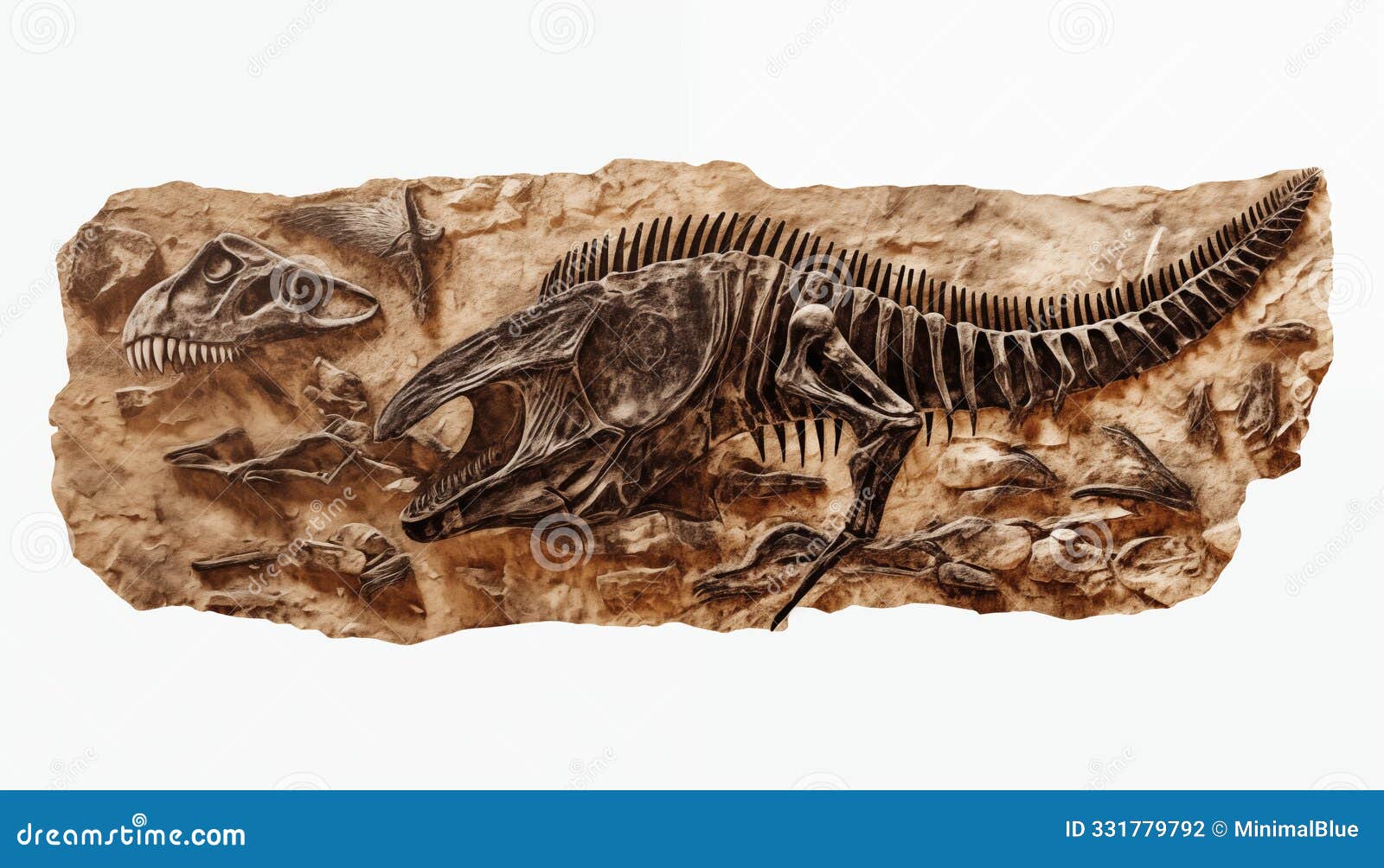 A Fossilized Dinosaur Skeleton Sprawled Across A Rocky Desert Landscape ...
