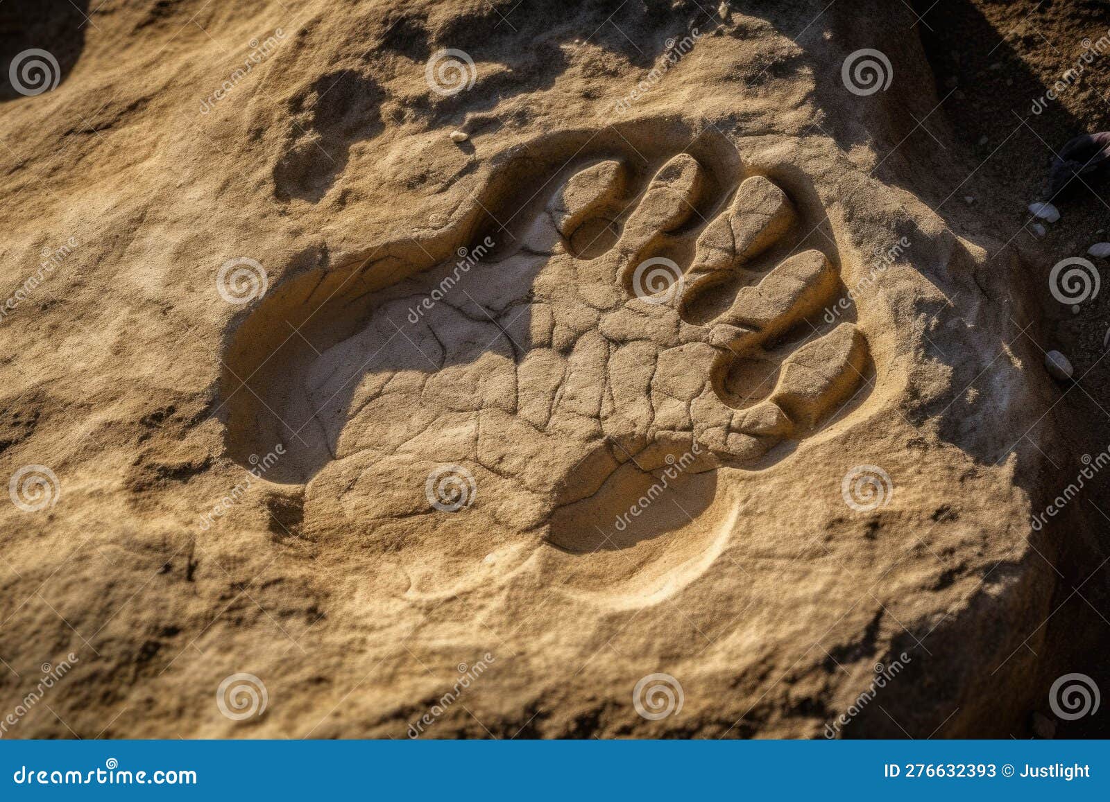 A Fossilized Footprint Of A Prehistoric Creature Preserved In Rock.. AI ...