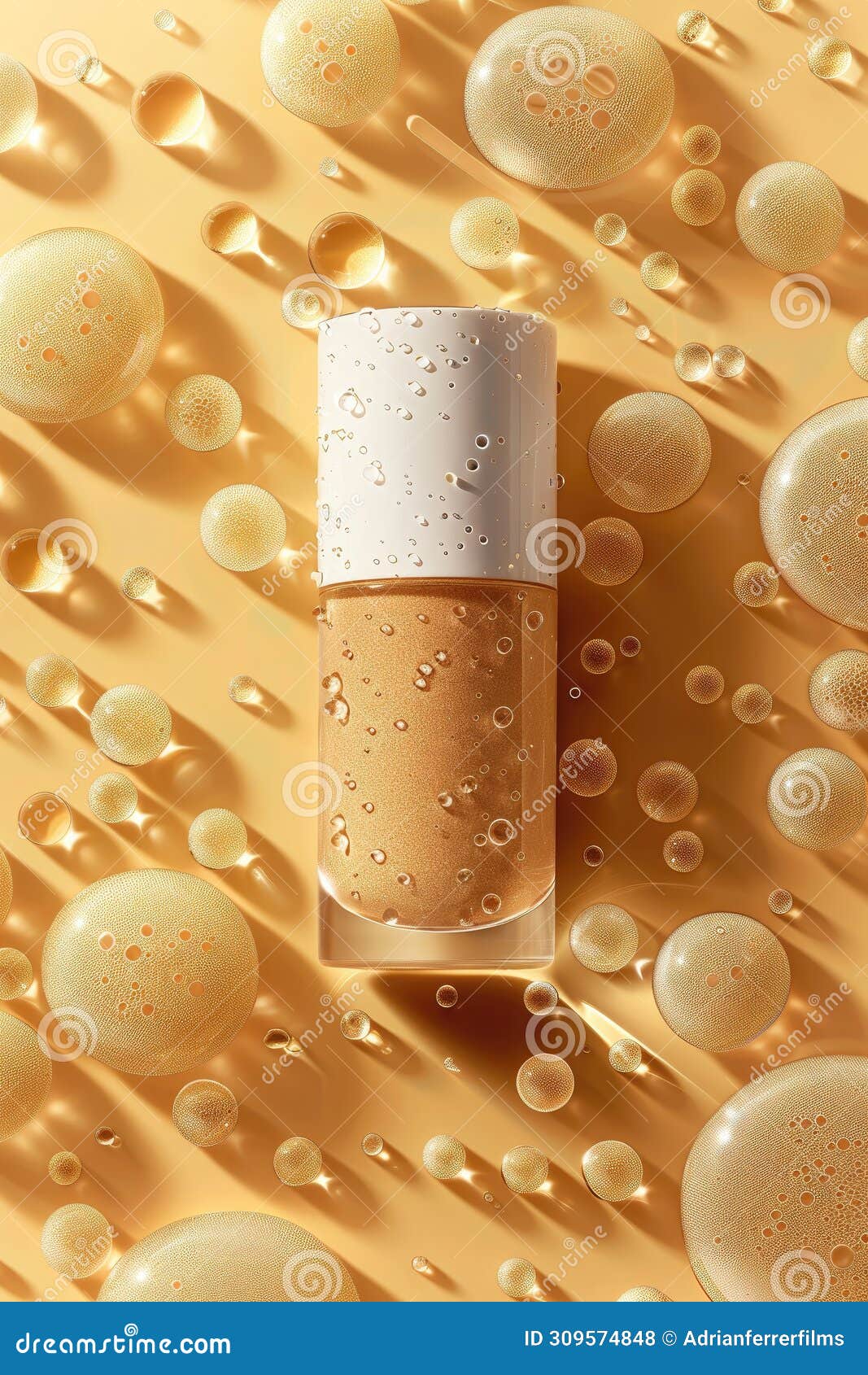 Foundation Bottle with Droplets and Golden Bubbles on a Luminous ...