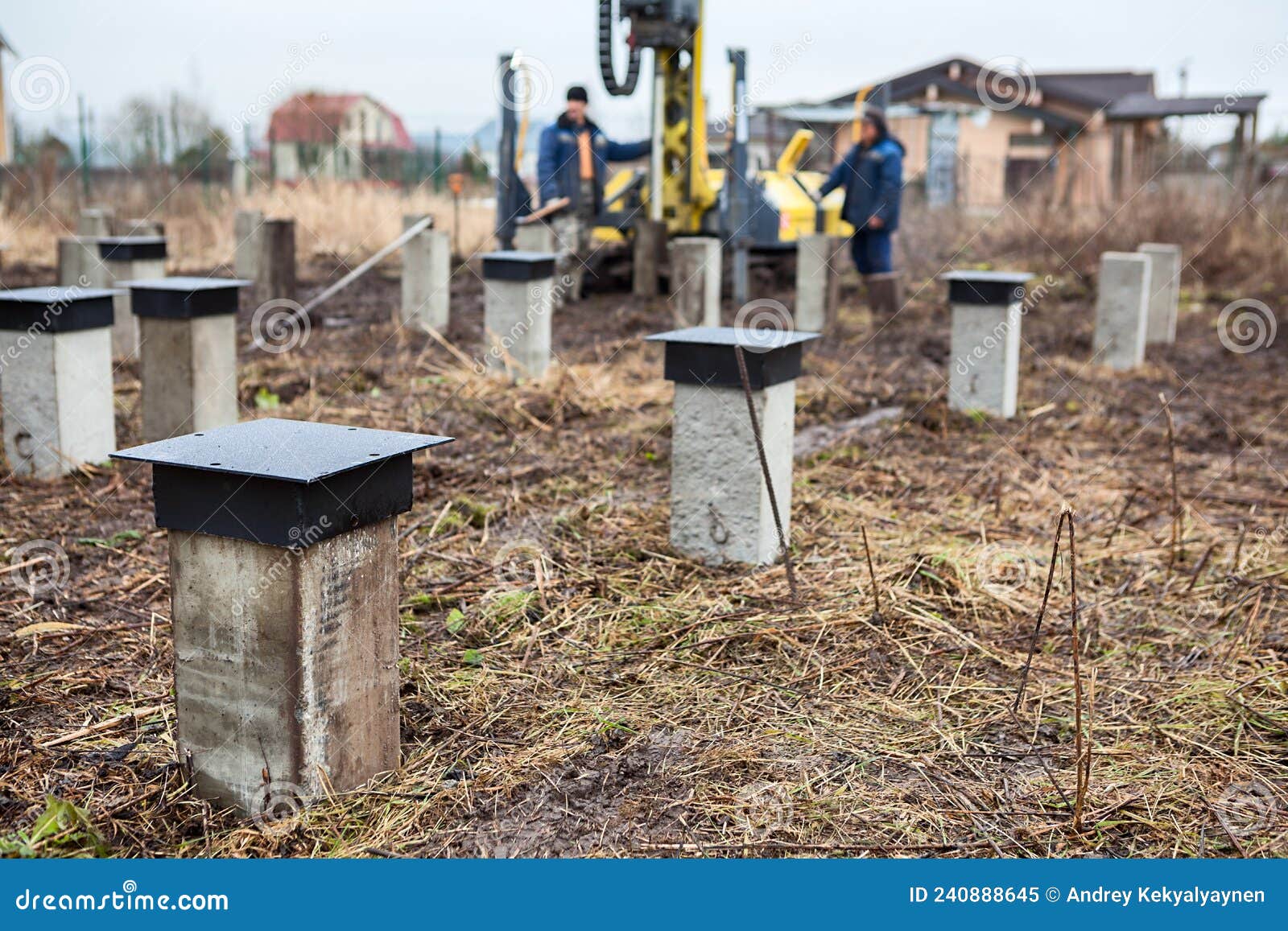 Foundation Works with Bore Pile Rig at Construction Site, Workers ...