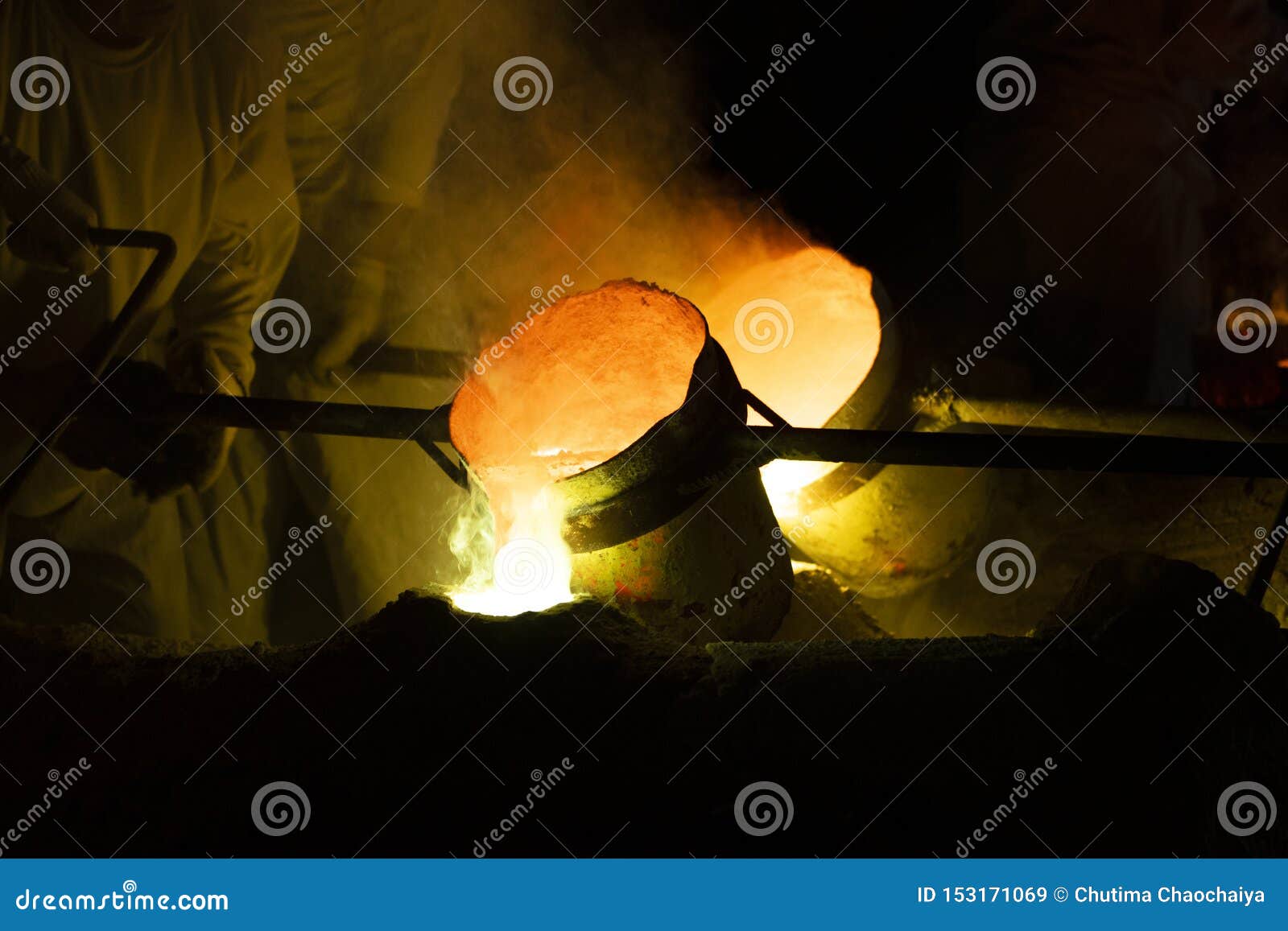 Foundry Worker Pouring Hot Molten Metal into Mold Casting Stock Image ...