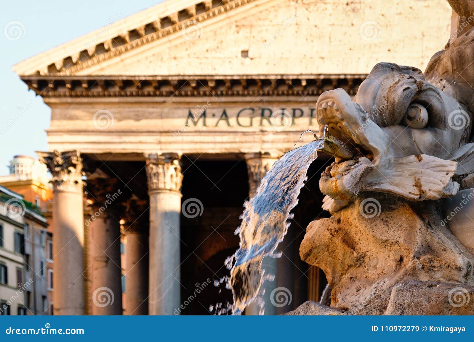 Fountain and the Ancient Roman Pantheon in Rome at Sunset Stock Image ...