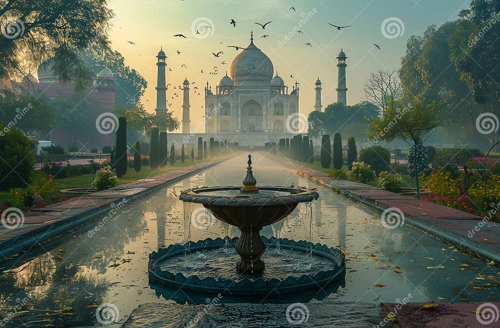 Fountain with Birds Flying in Front of Building Stock Photo - Image of ...