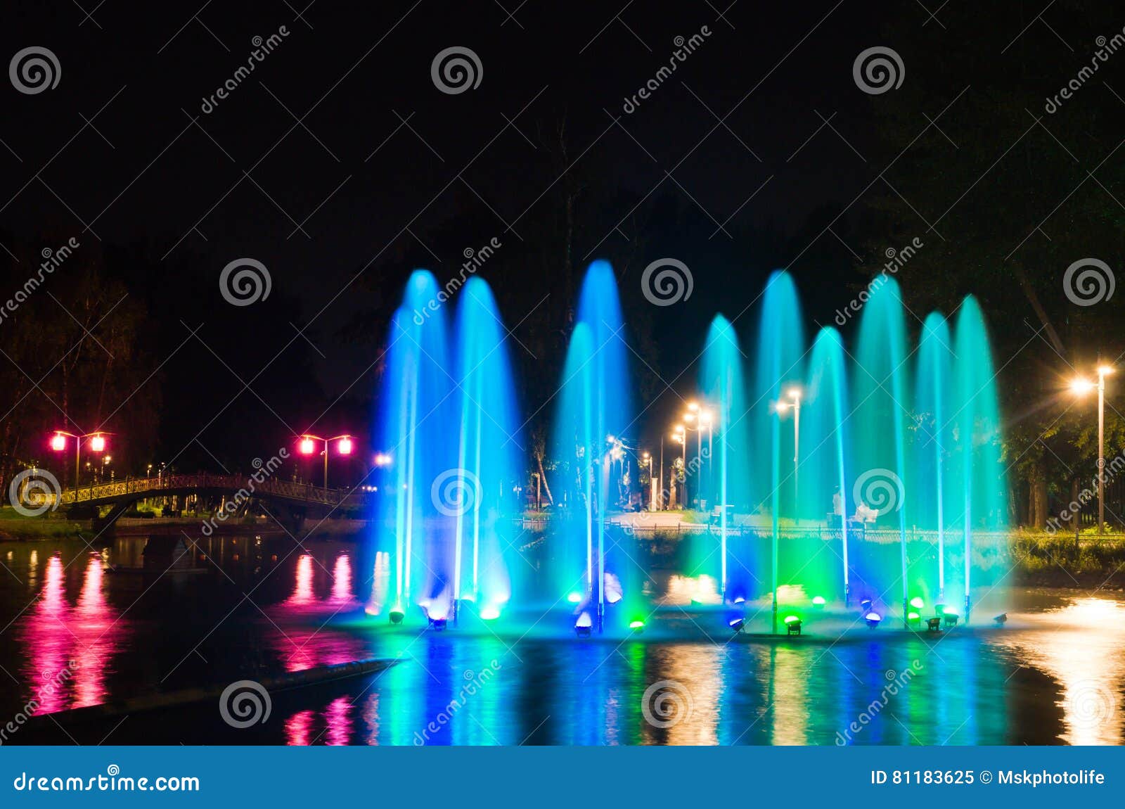 Fountain with Colorful Backlight in Park Stock Image - Image of flow ...