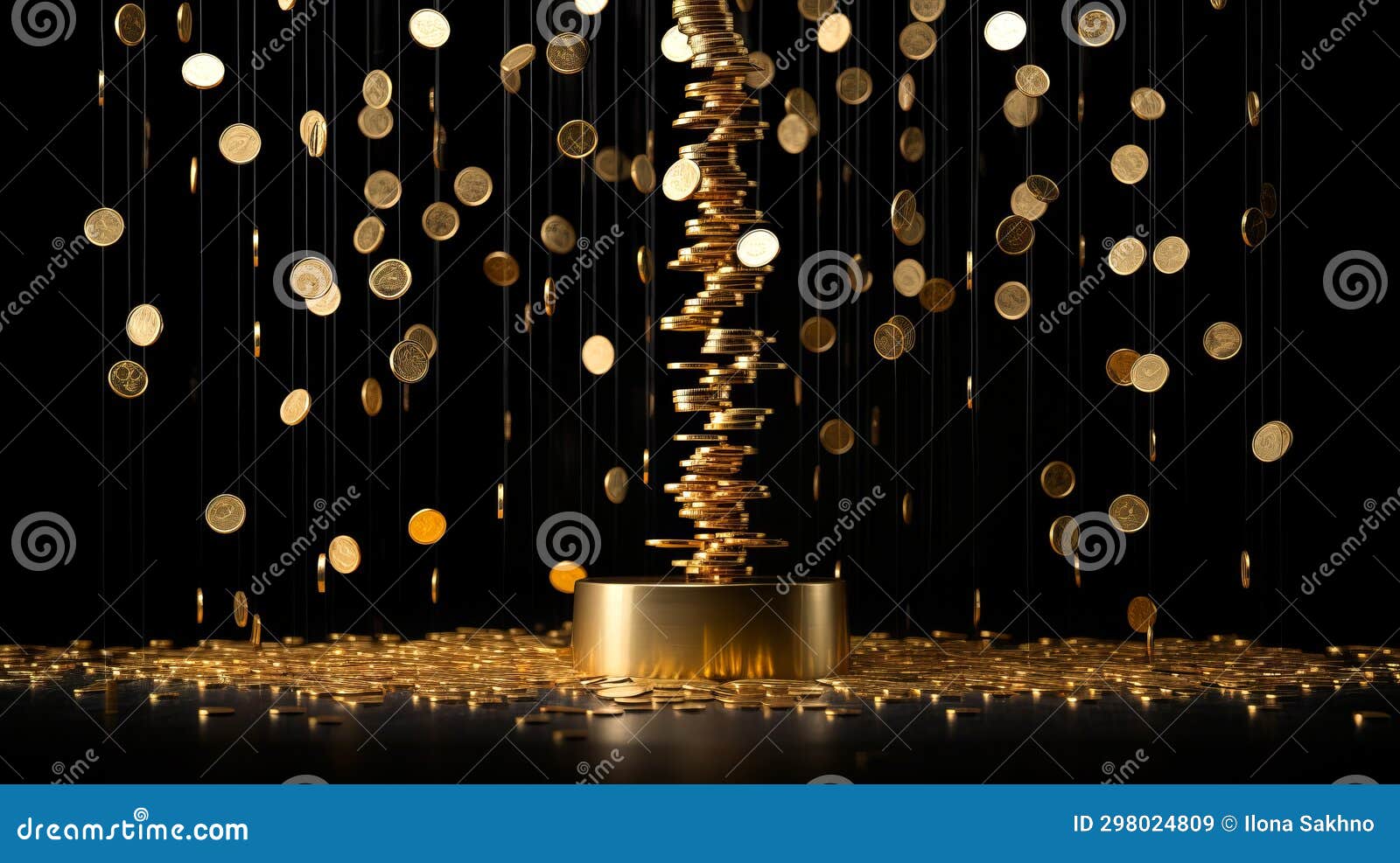Fountain of Gold Coins Raining on Black Background Stock Illustration ...