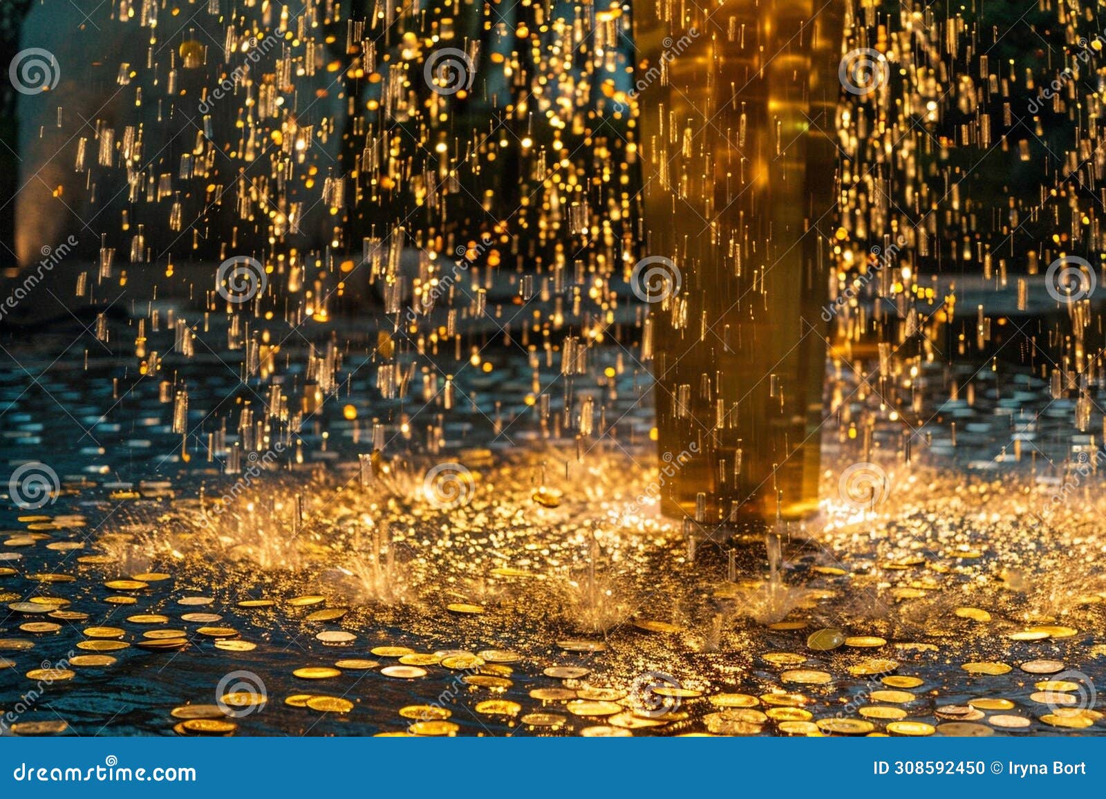 Fountain of Gold Coins Raining in Park Stock Illustration ...