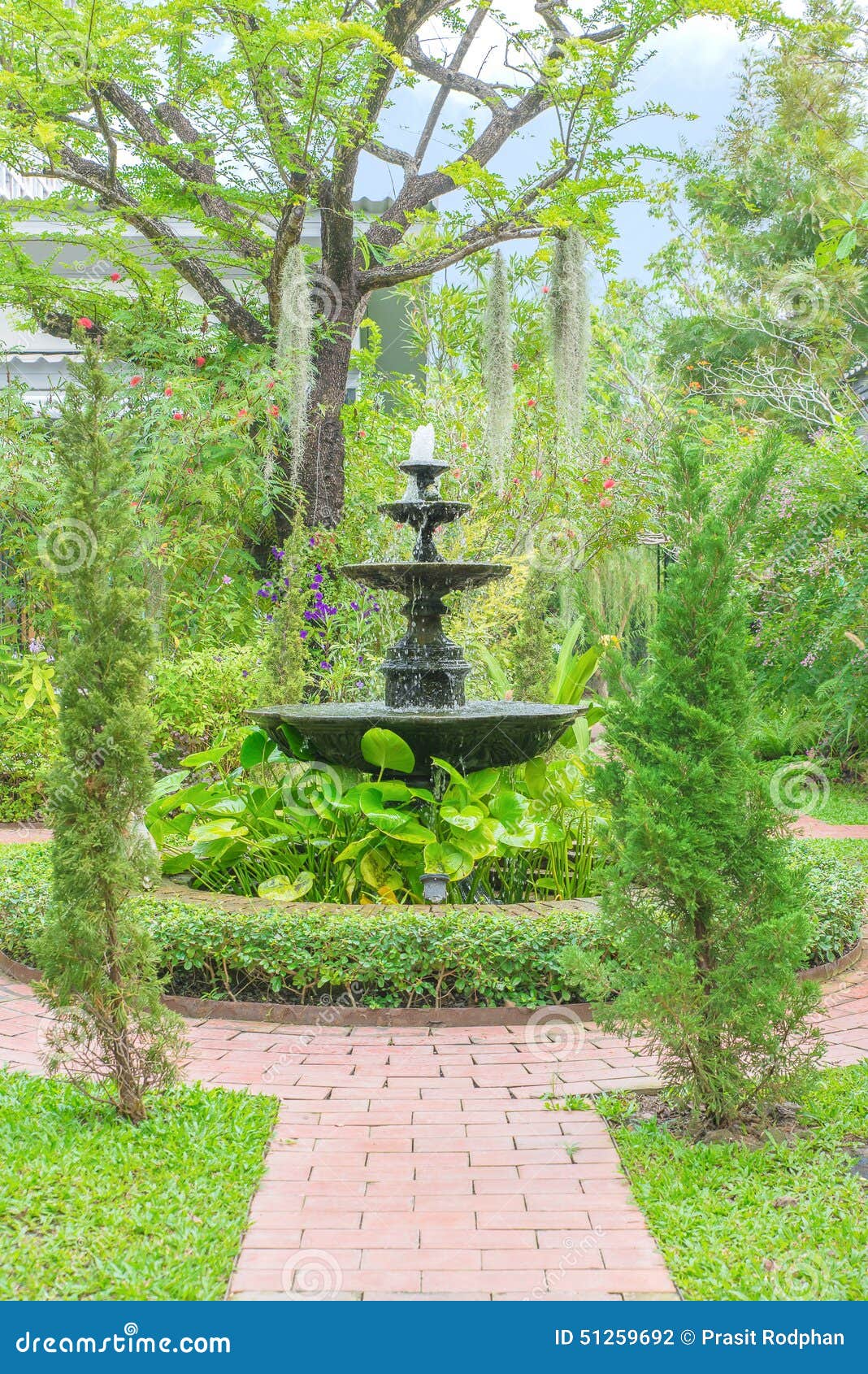 The Fountain in the Green Garden at Home Stock Photo - Image of black ...