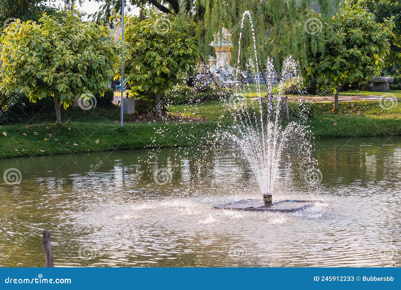 Fountain by a Lagoon in a Tranquil Park Setting Stock Image - Image of ...