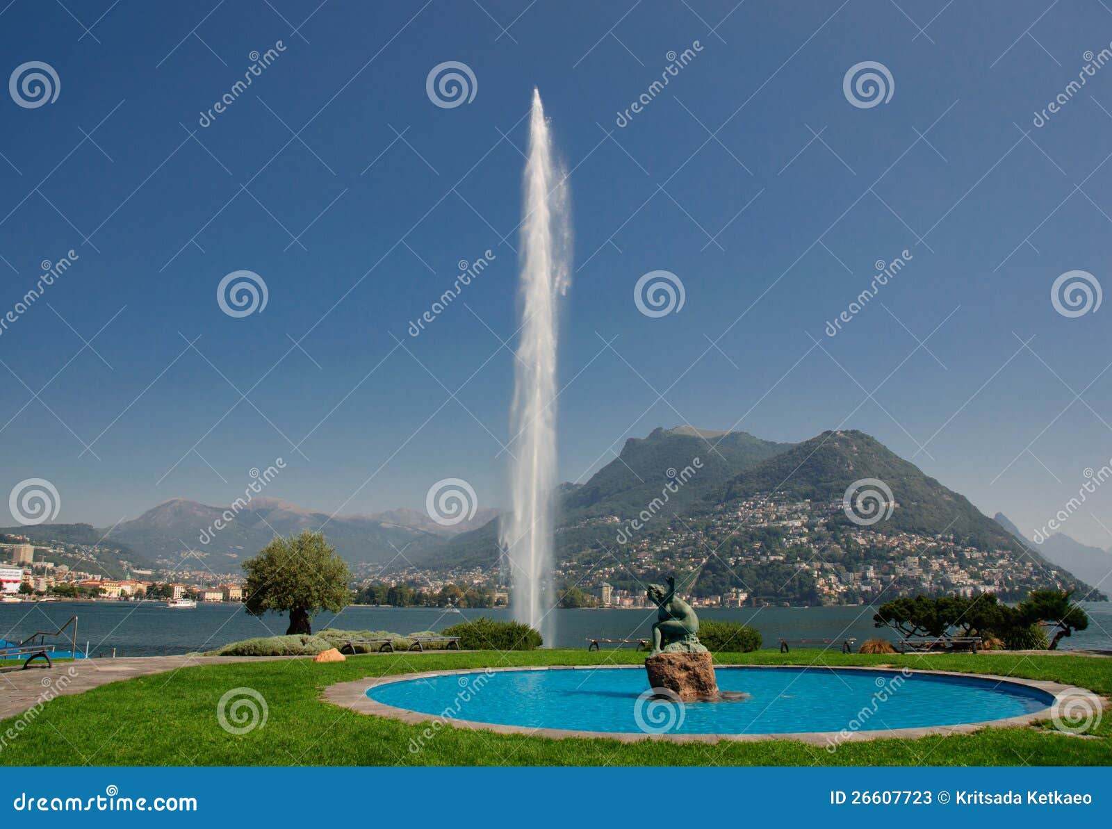 Fountain on lake Lugano stock image. Image of european - 26607723