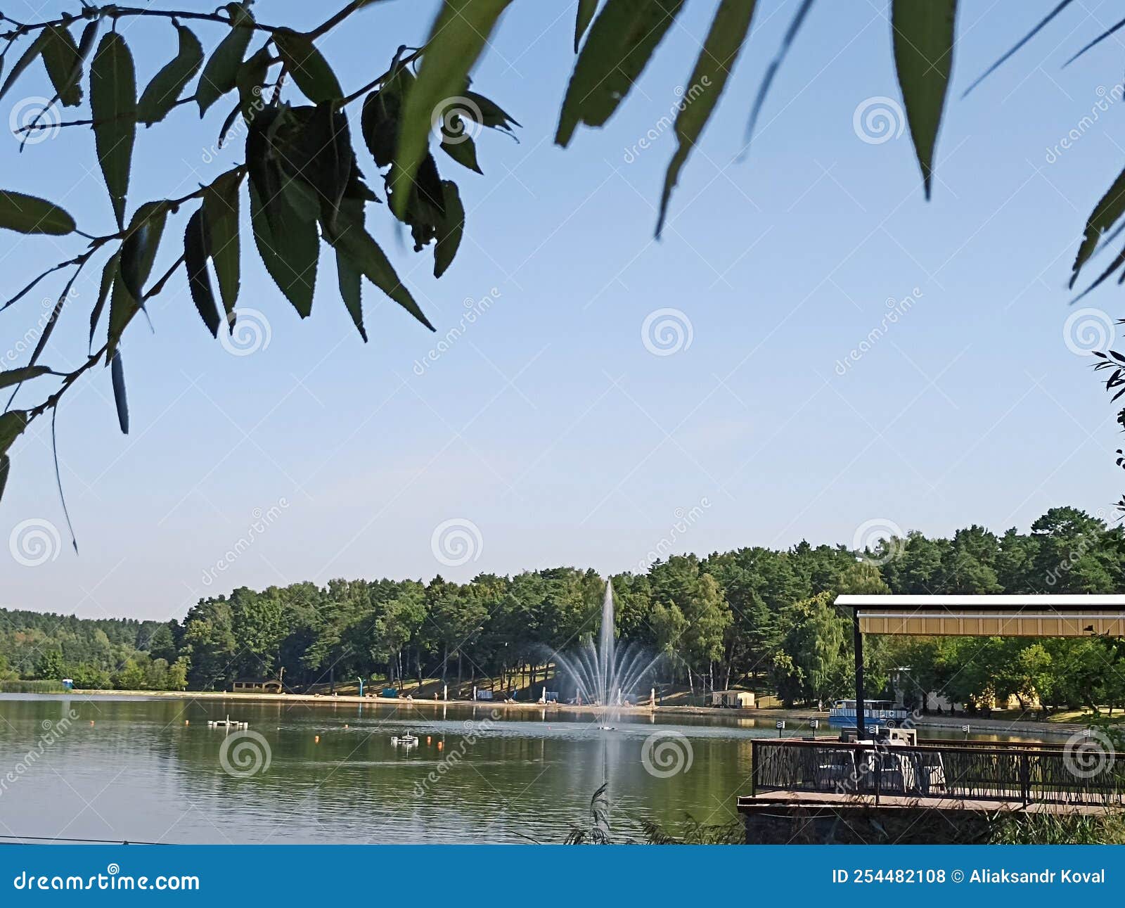 A Fountain, a Lake, and a Willow Branch Stock Photo - Image of shore ...