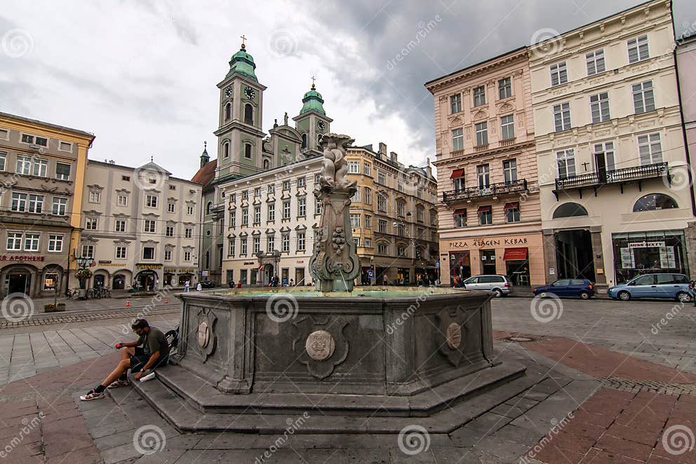 The Fountain in the Main Square Hauptplatz, Linz Editorial Stock Image ...