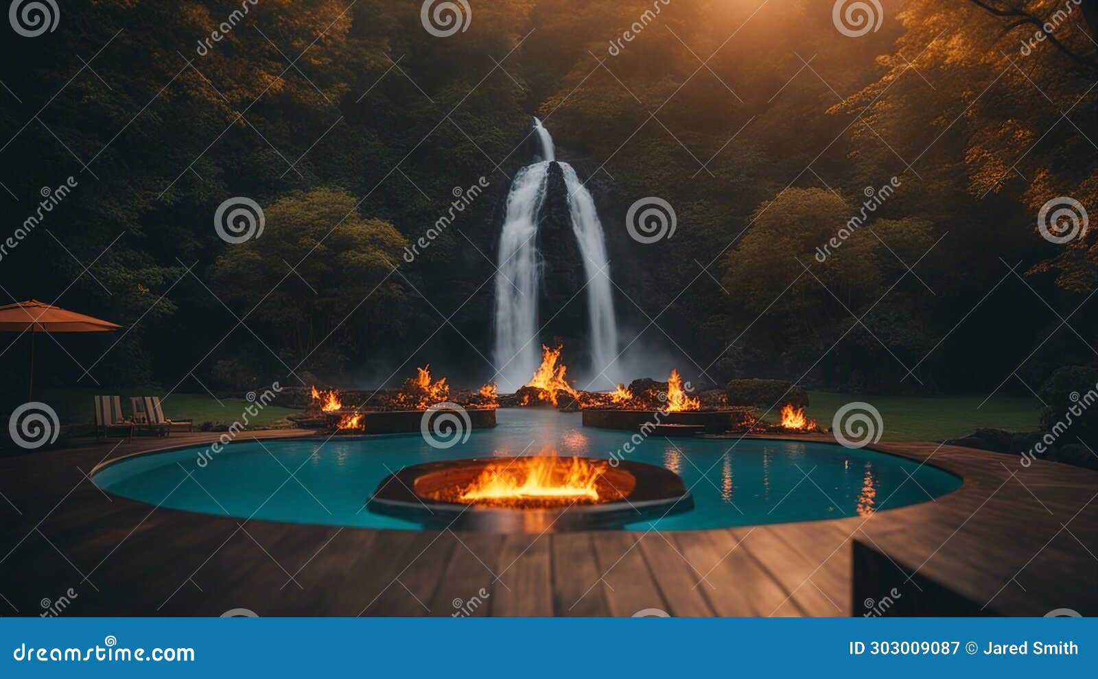 Fountain at Night Horror Swimming Pool with a Waterfall into Fire, with ...
