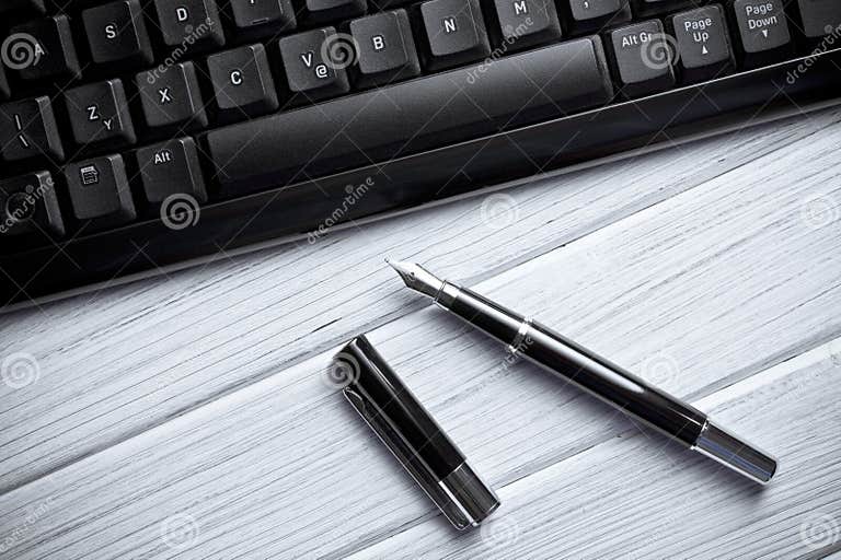 Fountain Pen and Computer Keyboard Stock Photo - Image of object, desk ...