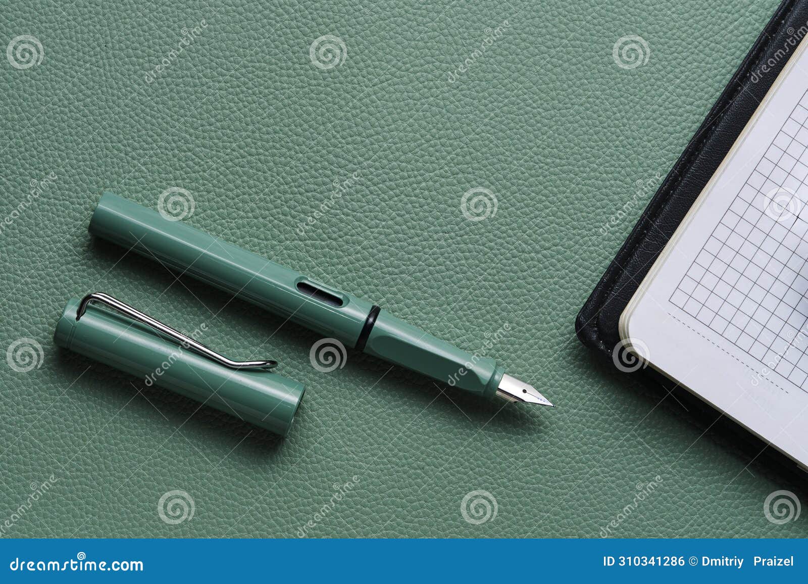 Fountain Pen and Notebook Green Leather Background. Stock Photo - Image ...