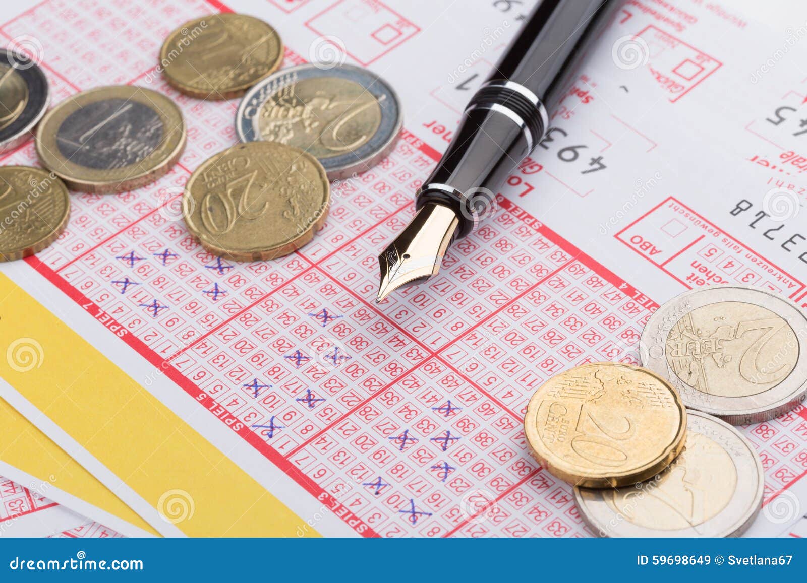 Fountain Pen Over Lottery Ticket Stock Image - Image of closeup, coins ...
