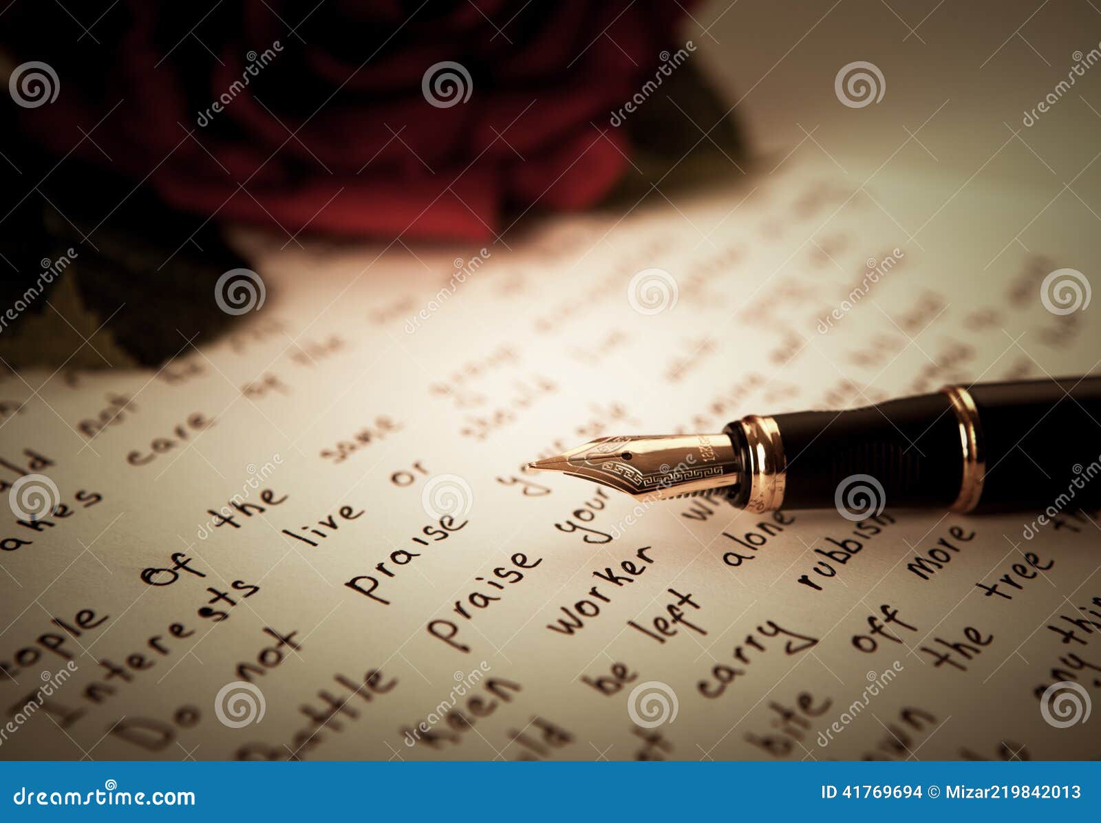 Fountain Pen on Text Sheet Paper with Rose Stock Photo - Image of macro ...
