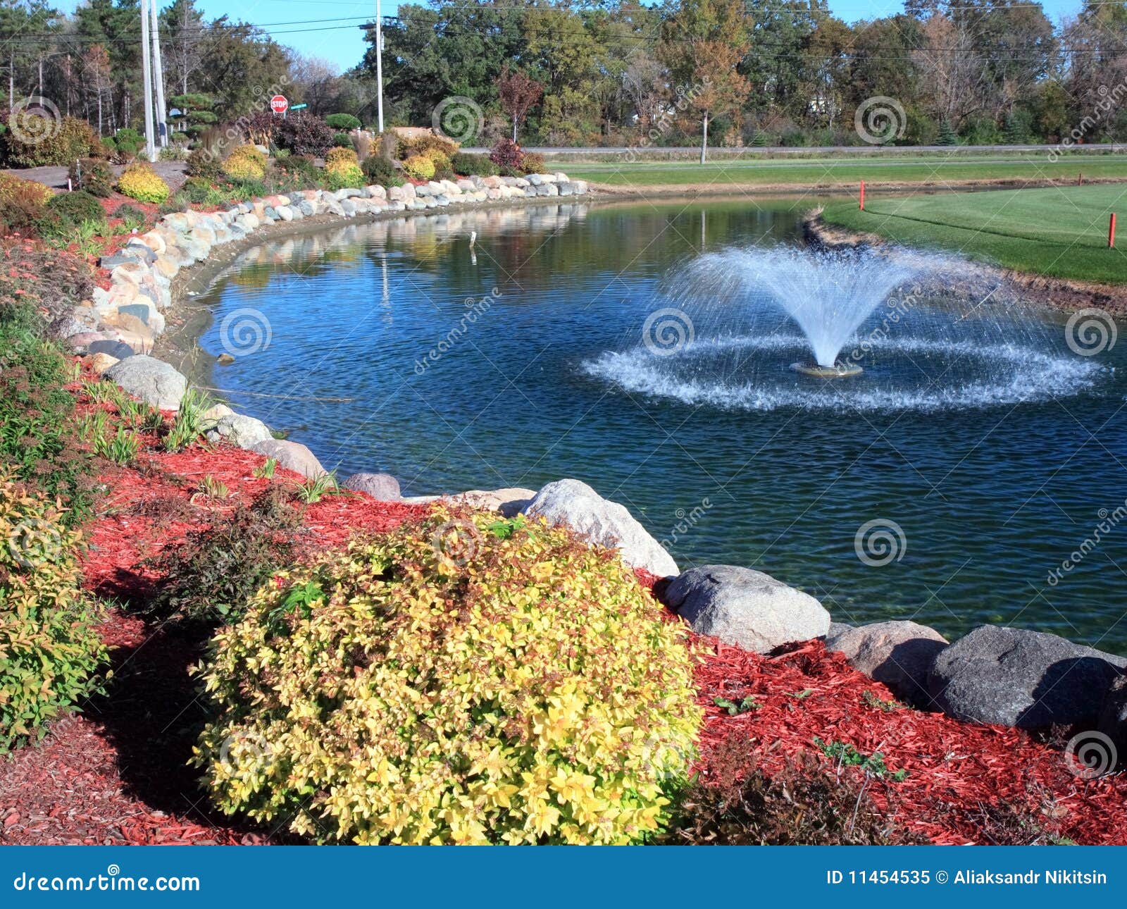 Fountain and Pond at Fall Season Stock Image - Image of october, plant ...