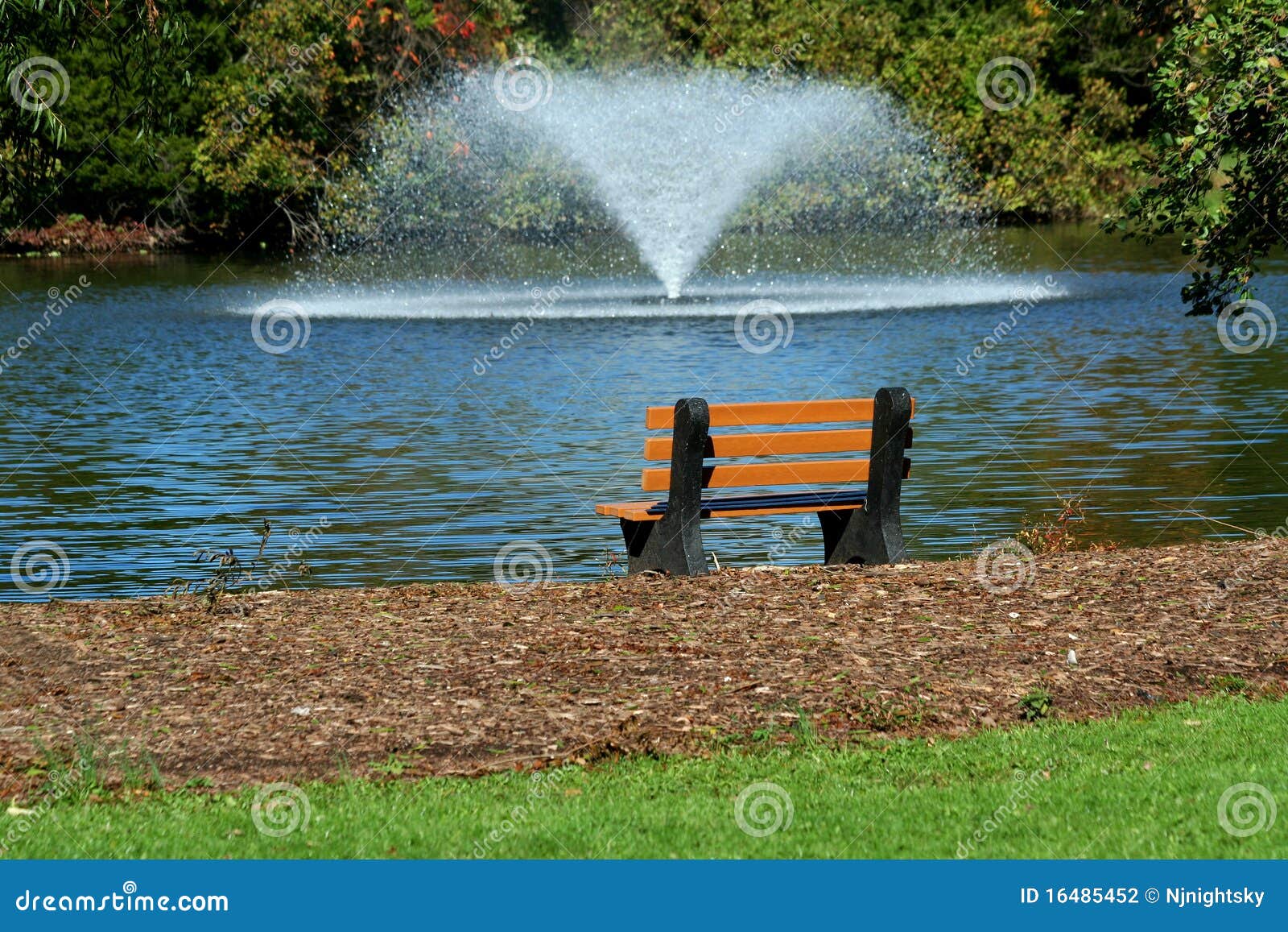 Fountain on a Pond with Park Bench Stock Photo - Image of water, beauty ...