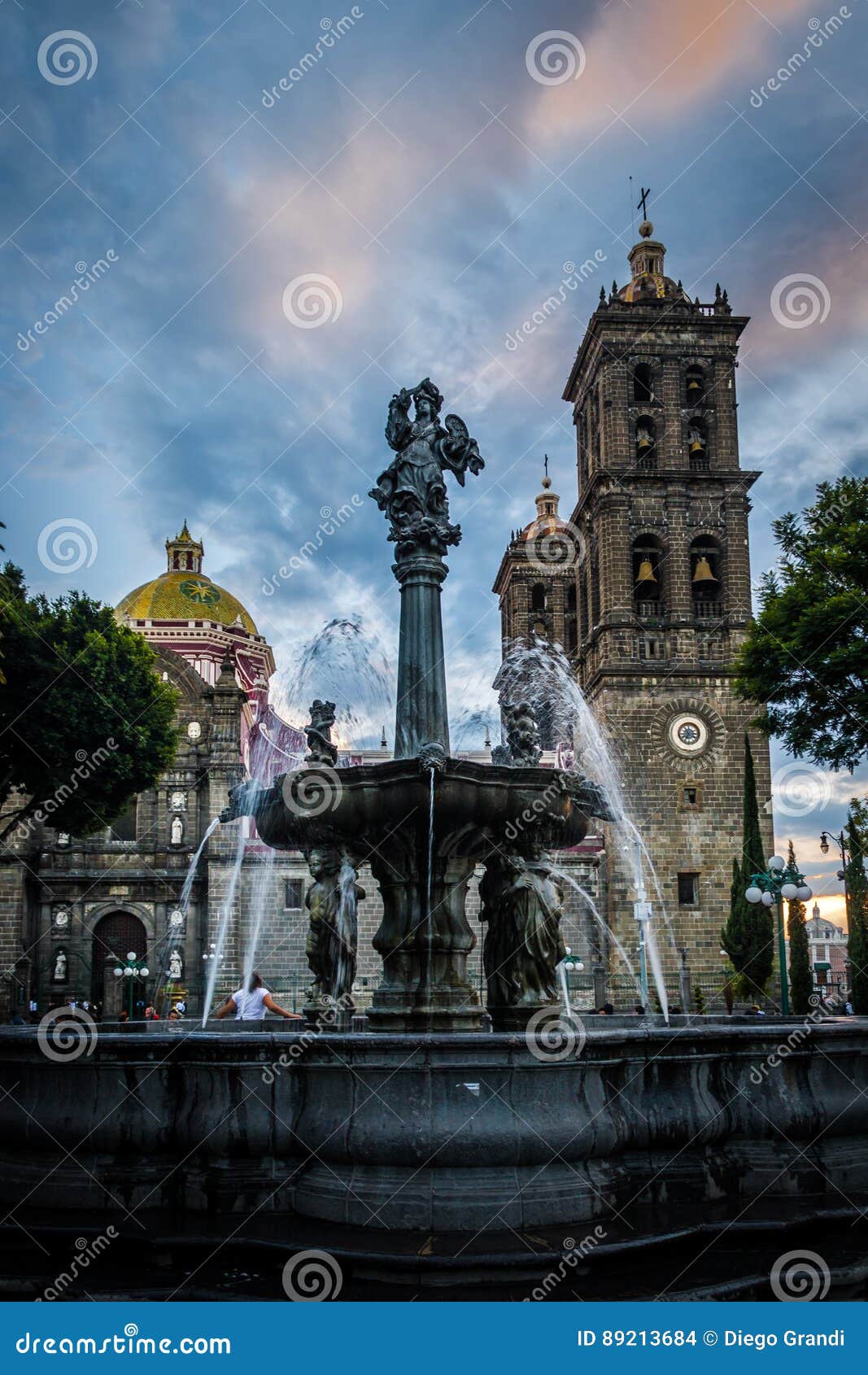 Fountain and Puebla Cathedral - Puebla, Mexico Stock Photo - Image of ...