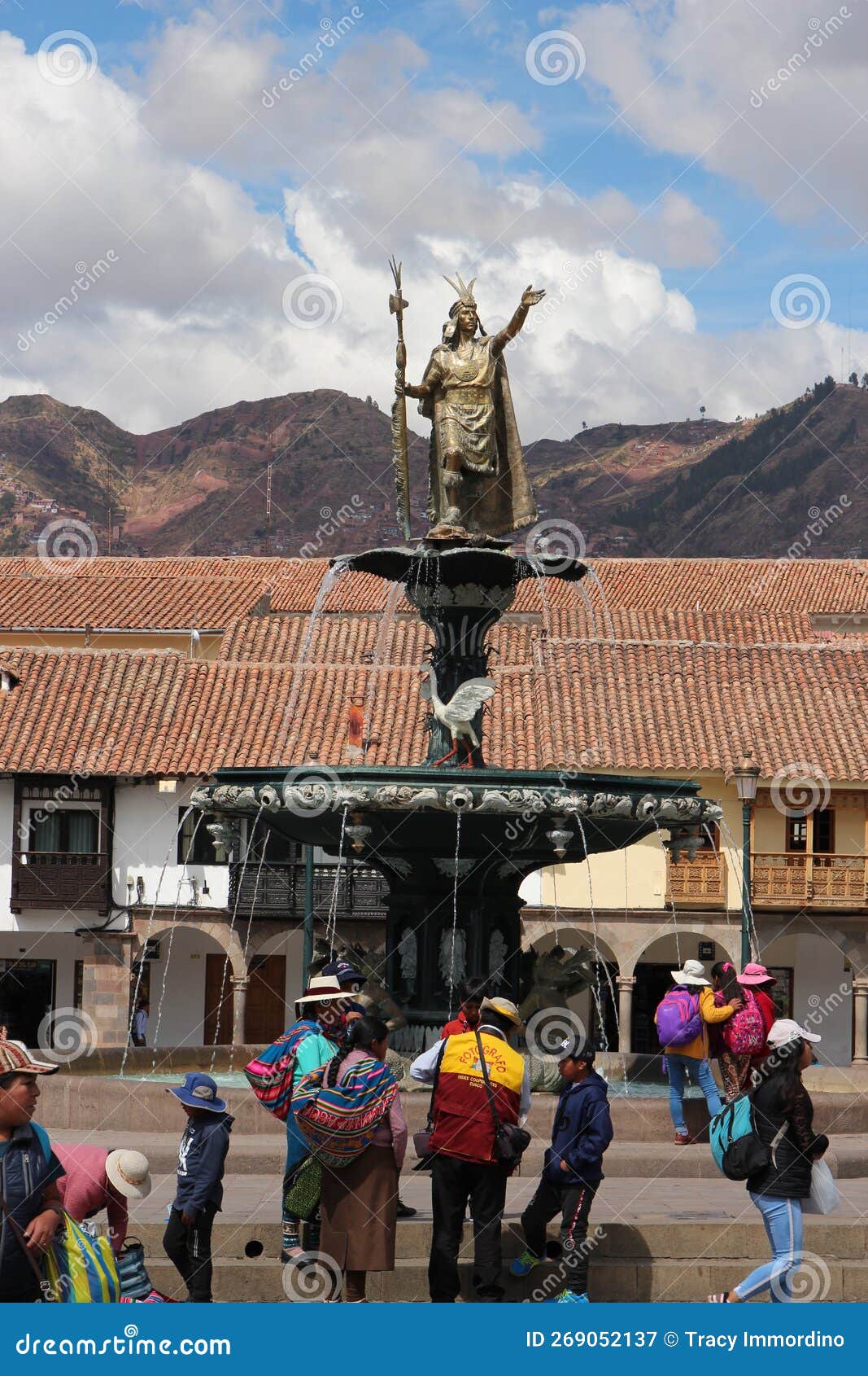 A Fountain with a Statue of the Inca King Pachacutec in the Main Square ...