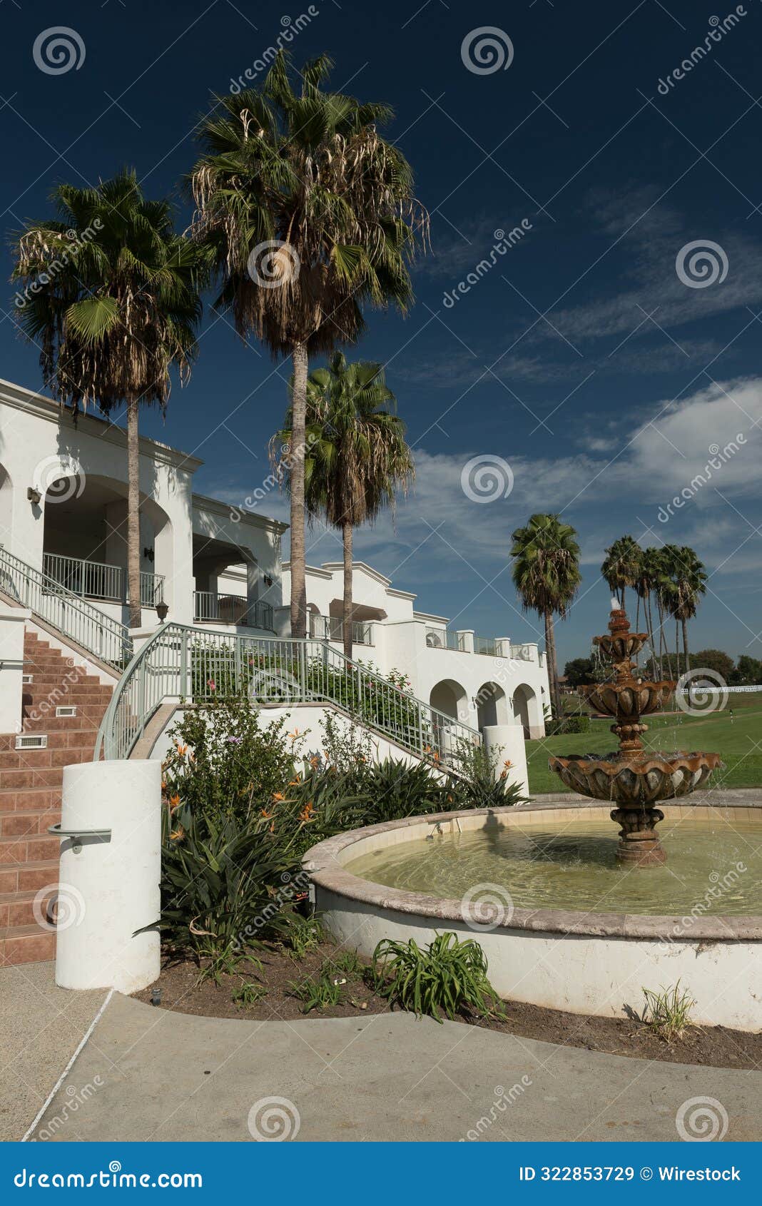 Fountain by Trees with a Distant Building Stock Image - Image of garden ...
