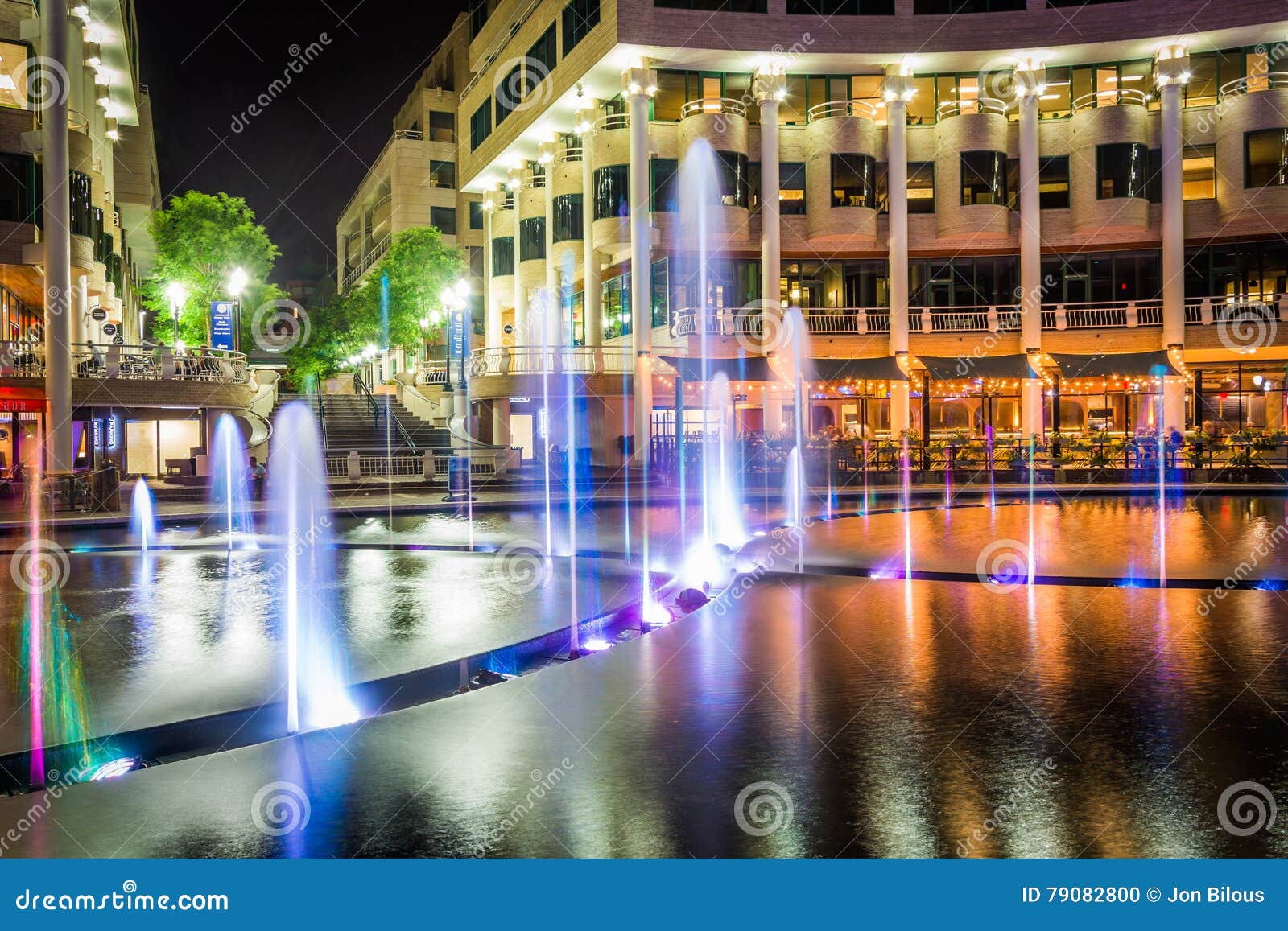 Fountains and Buildings at Night, in Georgetown, Washington, DC. Stock ...