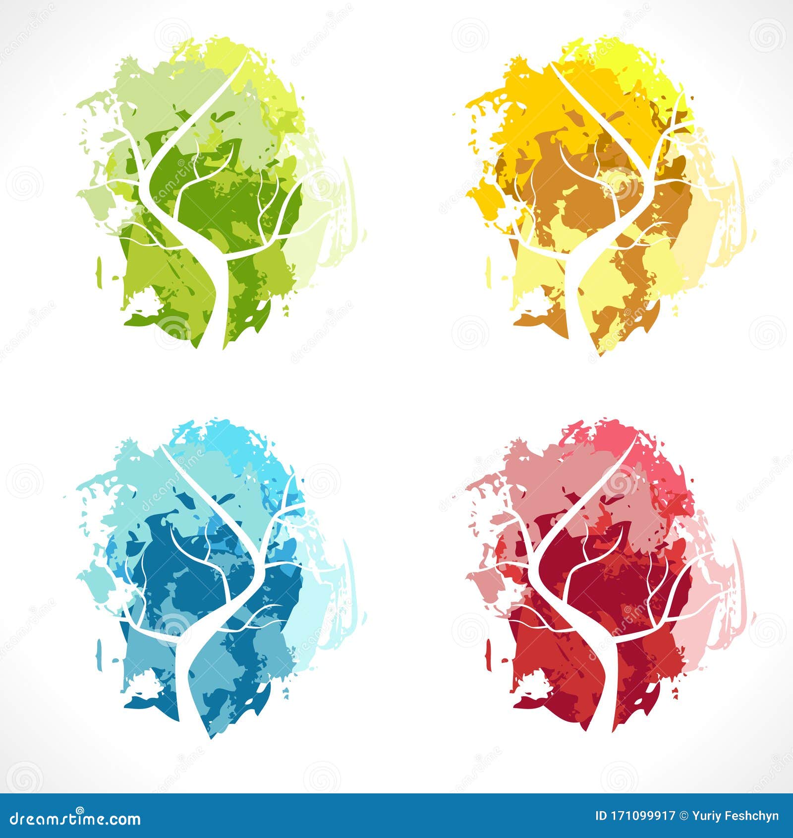Four Abstract Colors Trees. Different Grunge Design Elements Collection ...