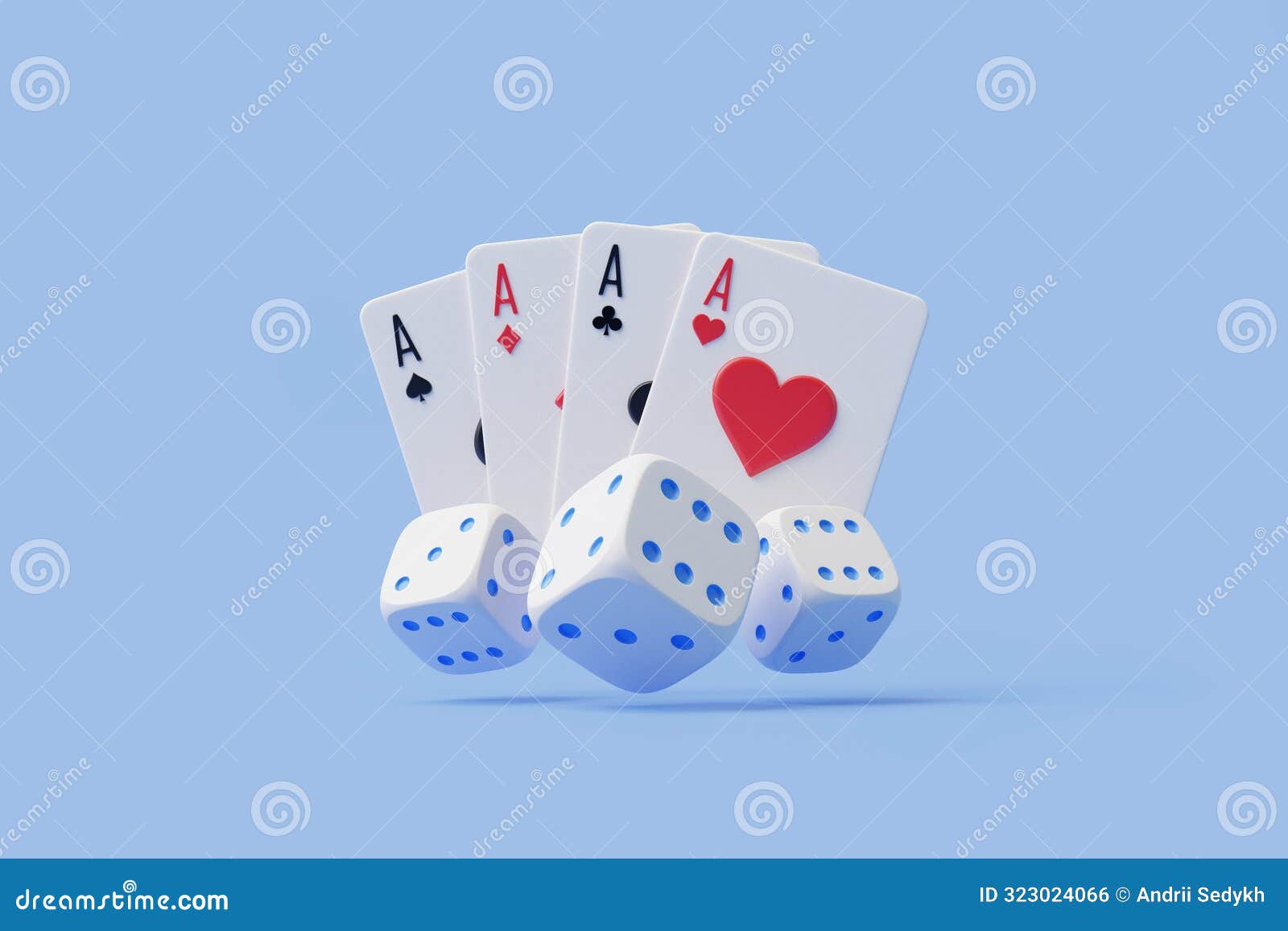 Four Aces With Dice On Light Blue Background. 3D Render Illustration ...