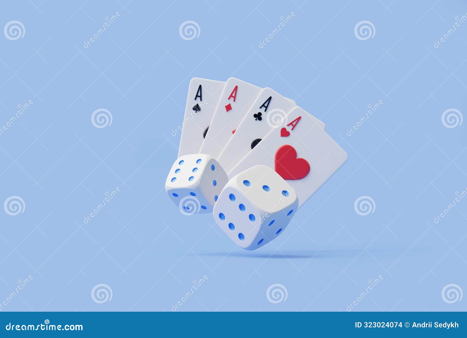 Four Aces with Dice on Light Blue Background. 3D Render Illustration ...