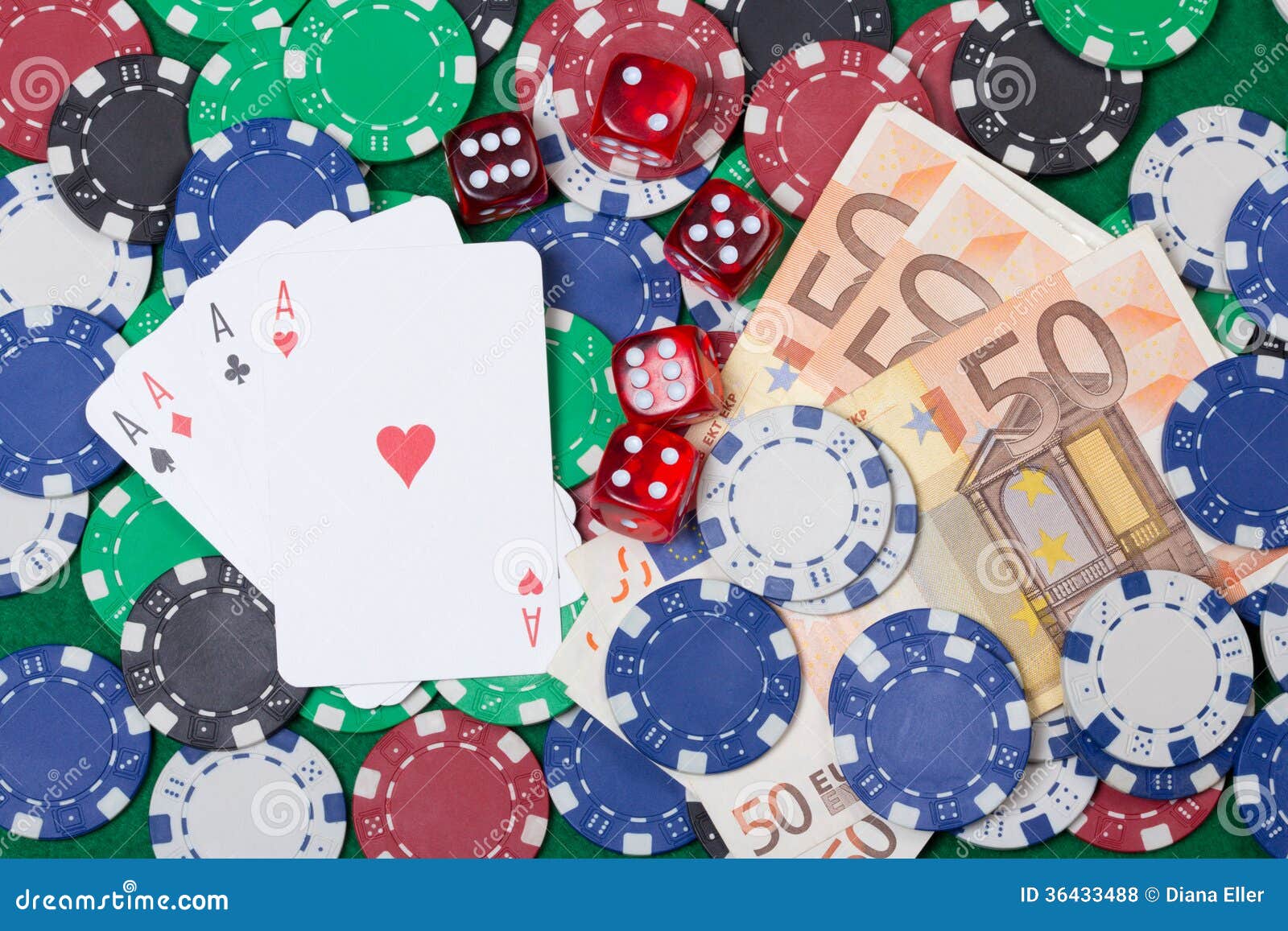 Four Aces, Money, Poker Chips and Dices Stock Photo - Image of craps ...