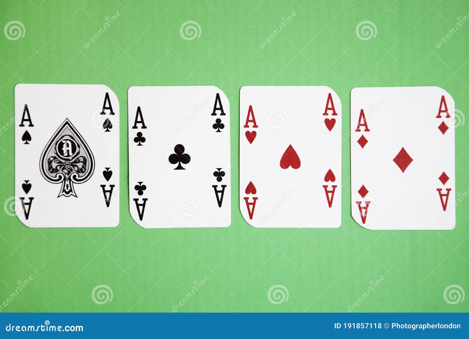 Four Aces Playing Cards Over Green Surface Stock Photo - Image of macro ...