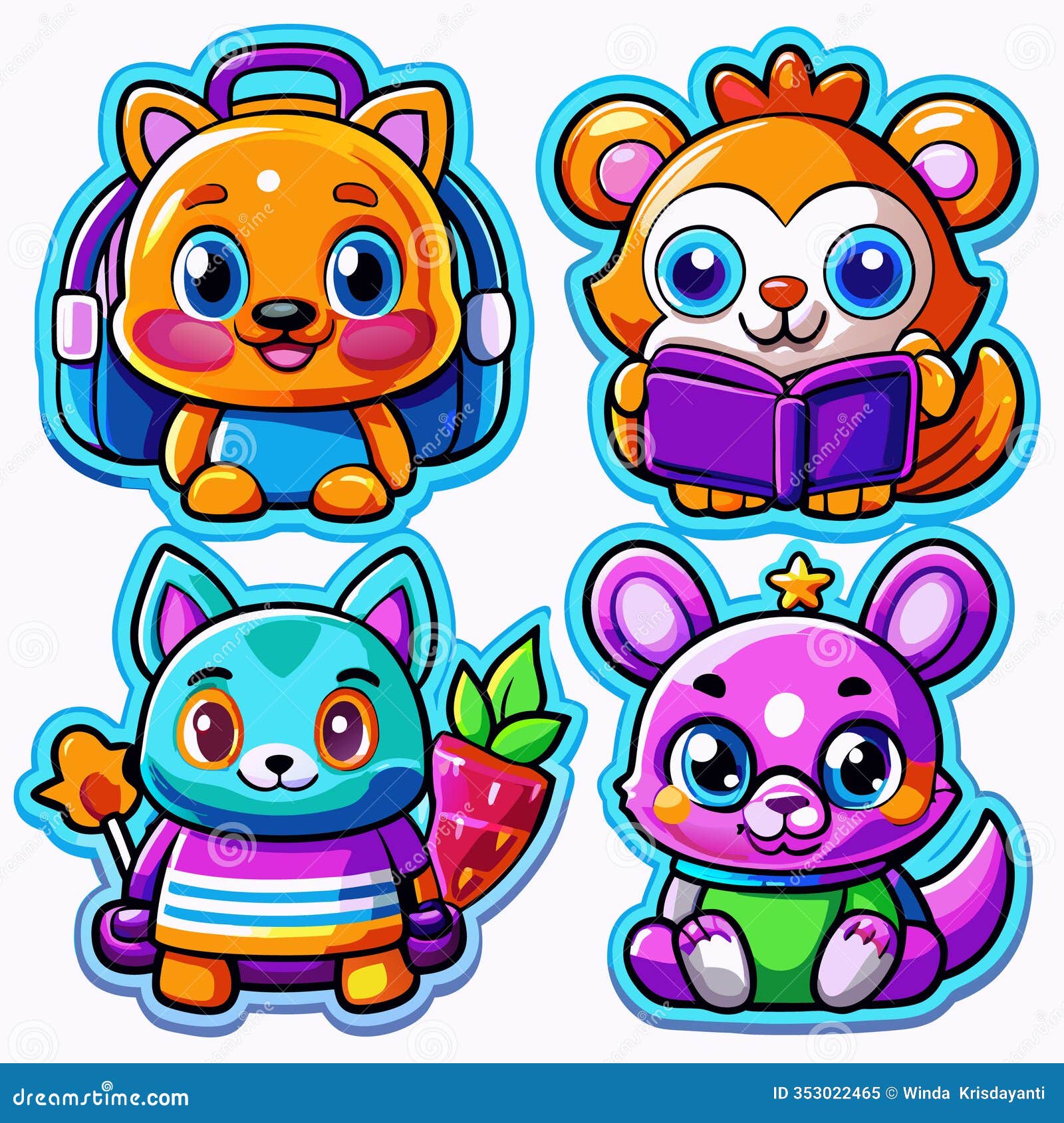 Four Adorable Cartoon Animals Fox, Monkey, Wolf, and Kangaroo Stock ...