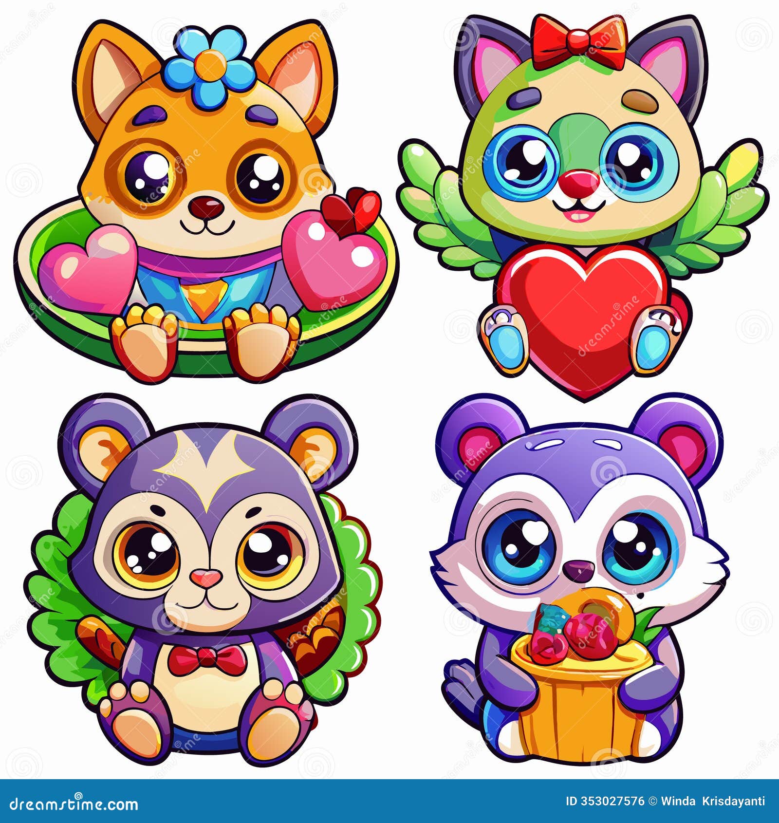 Four Adorable Cartoon Animals with Hearts Stock Vector - Illustration ...