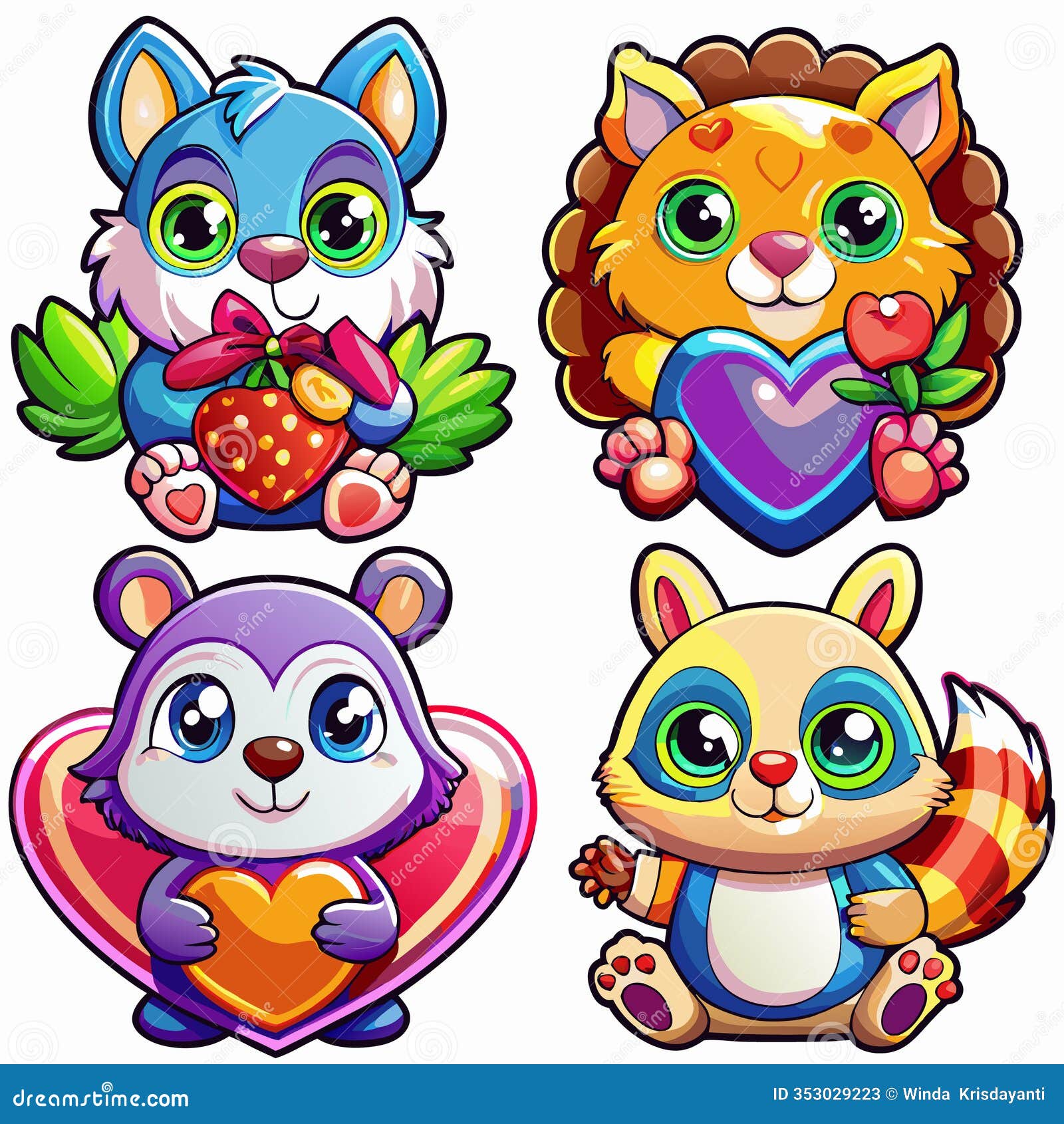 Four Adorable Cartoon Animals with Hearts. (2 Stock Vector ...