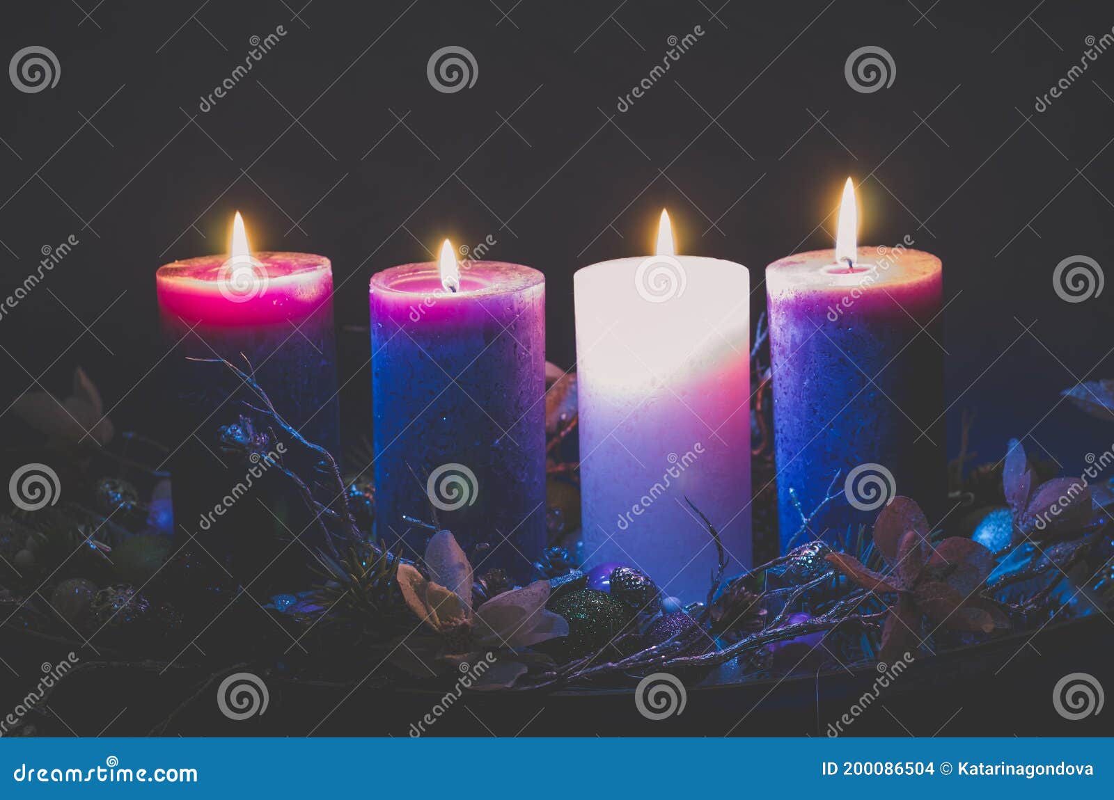 Four Advent Candles Burning on Black Background Stock Photo - Image of ...