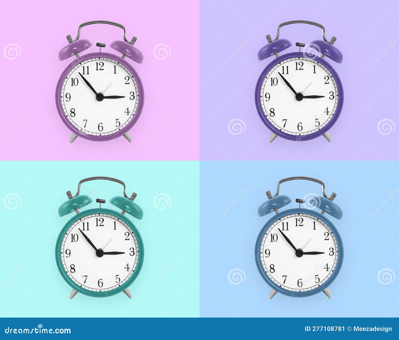 Four Alarm Clocks with Different Colors Stock Image - Image of black ...