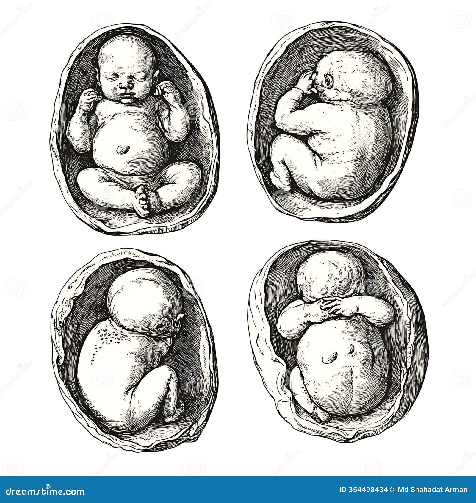 Four Anatomical Drawings of Fetuses in Utero Ink Sketch Stock ...