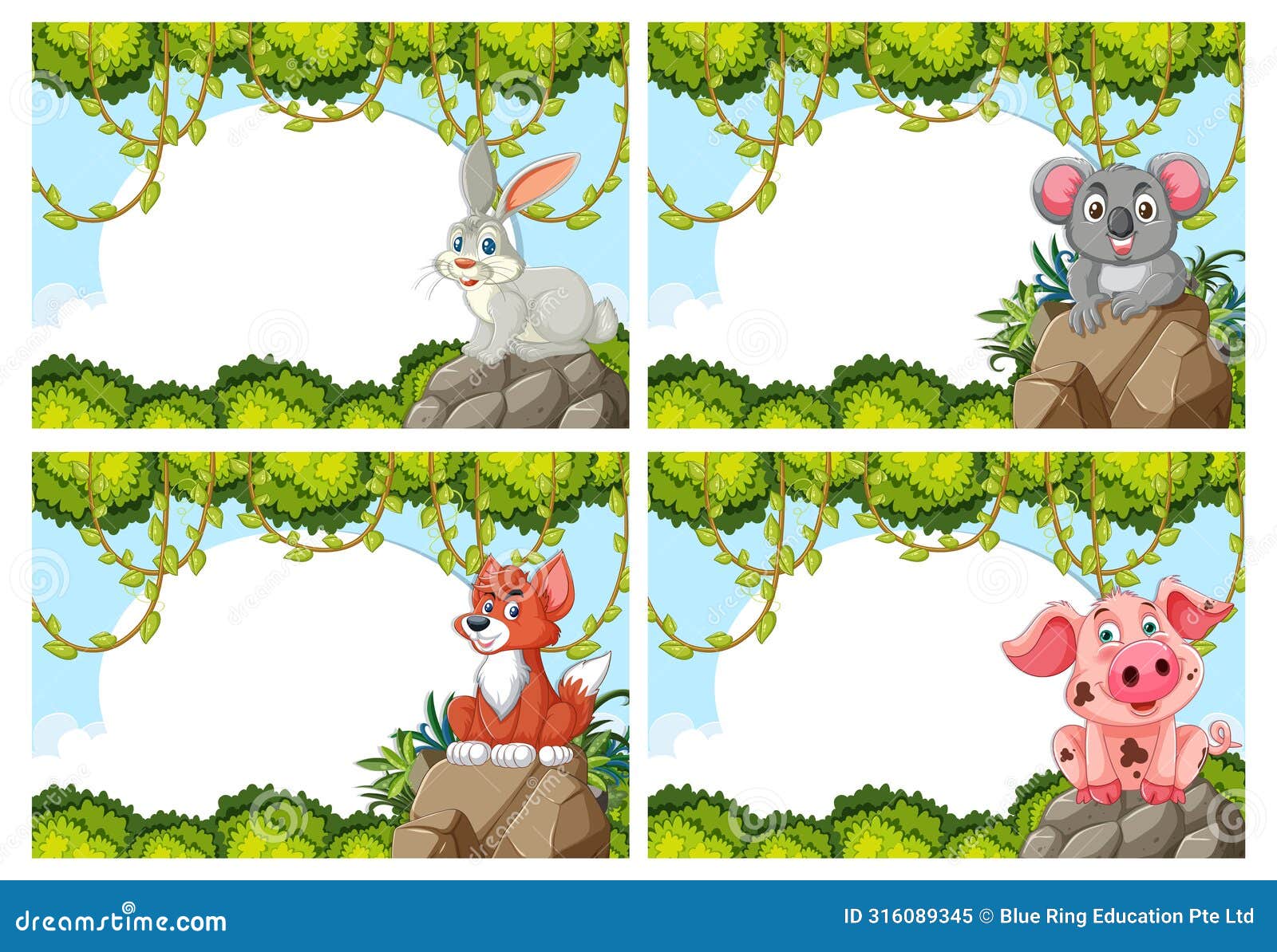 Four Animals in a Vibrant Forest Setting Stock Vector - Illustration of ...