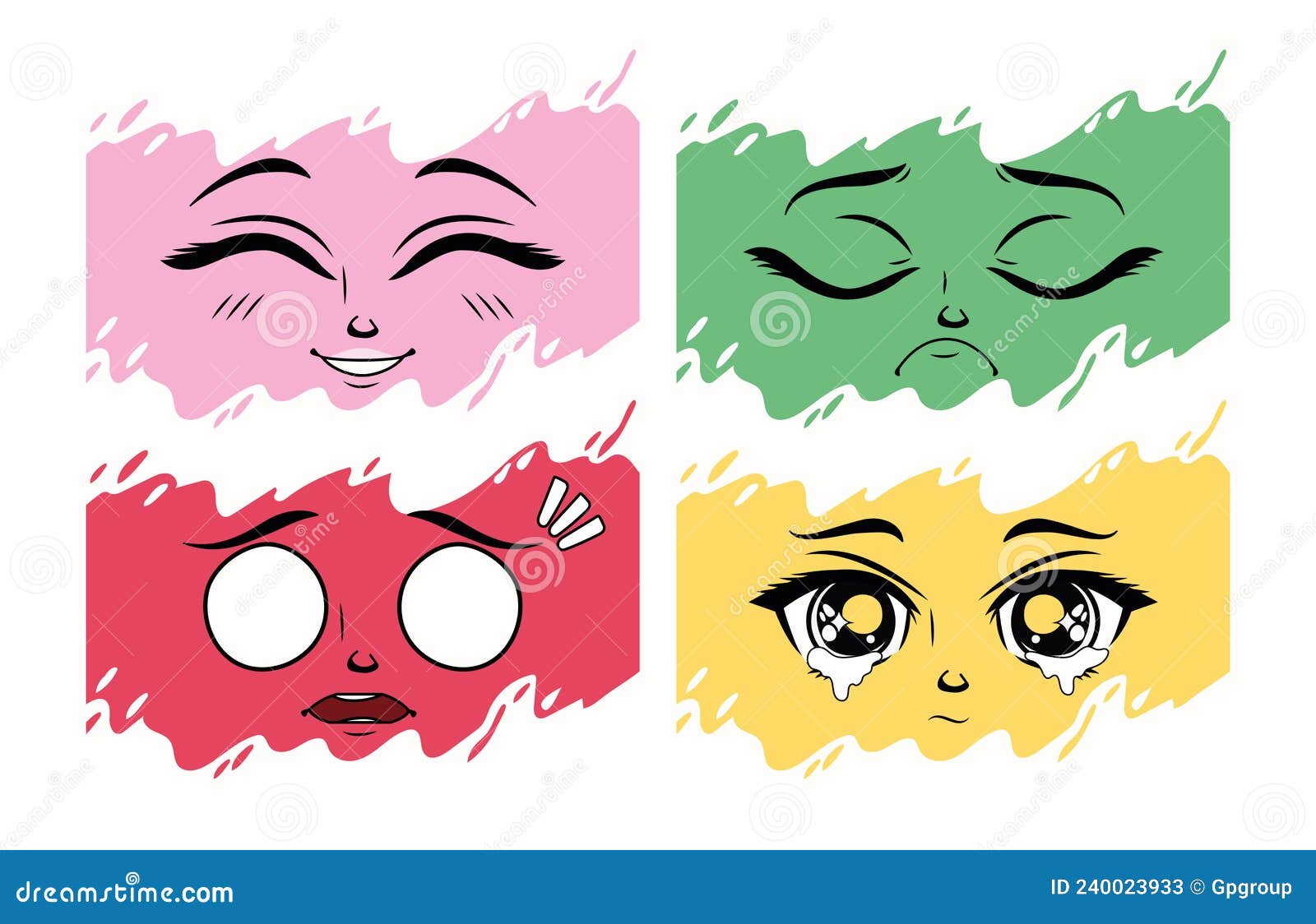 Four anime reactions faces stock vector. Illustration of font - 240023933
