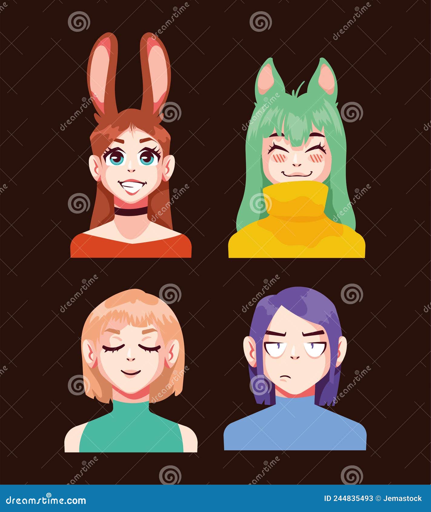Four anime style persons stock vector. Illustration of face - 244835493
