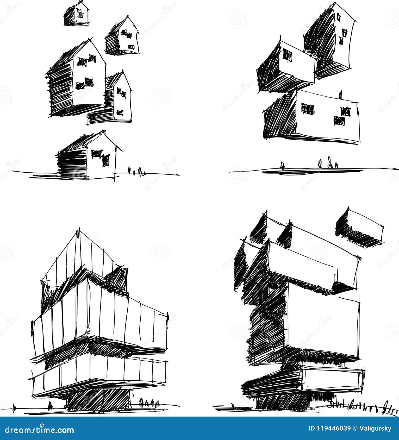 Four Architectural Sketches of a Modern Abstract Architecture Stock ...