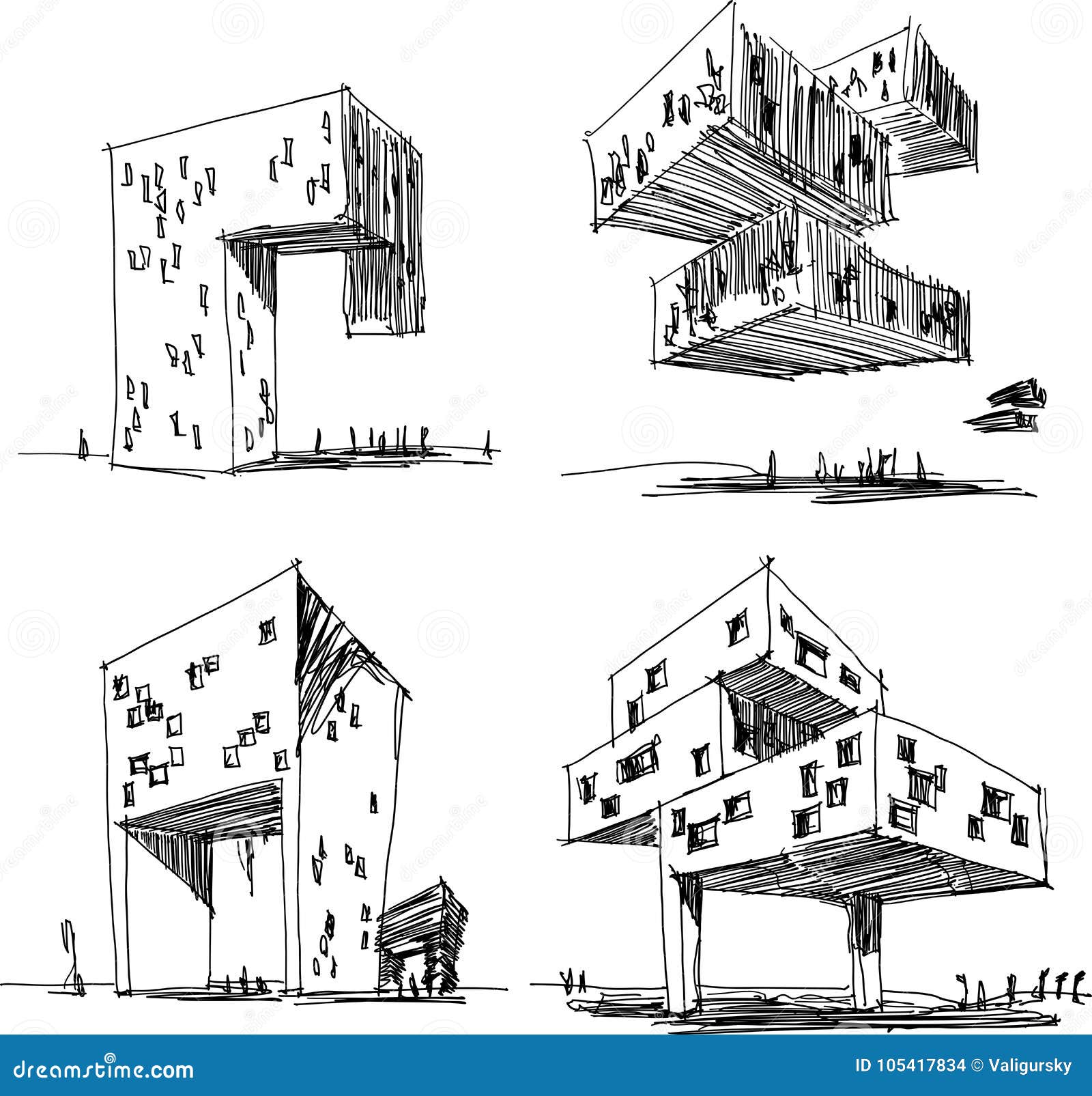 Four Architectural Sketches Of Architecture Vector Illustration ...