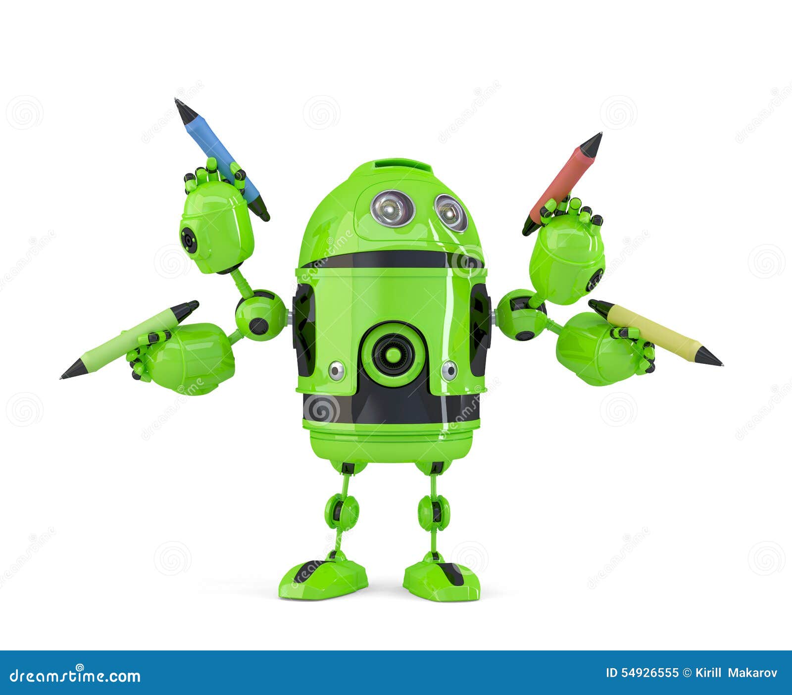 Four-armed 3d Robot With Pencils. Multitasking Concept. Isolated ...